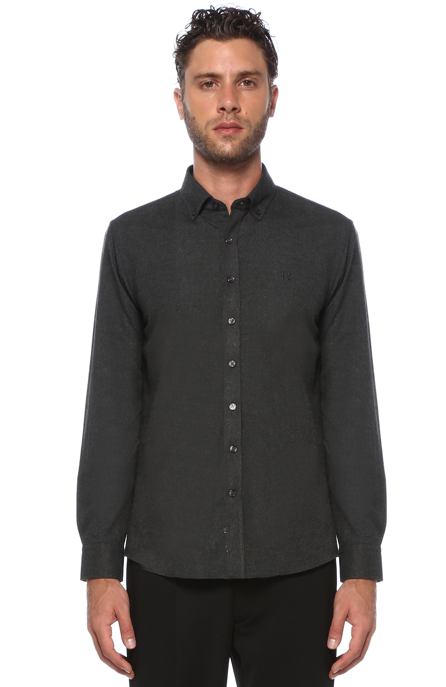 Slim Fit Antrasit Logo Detaylı Gömlek Slim Fit Antrasit Logo Detaylı Gömlek