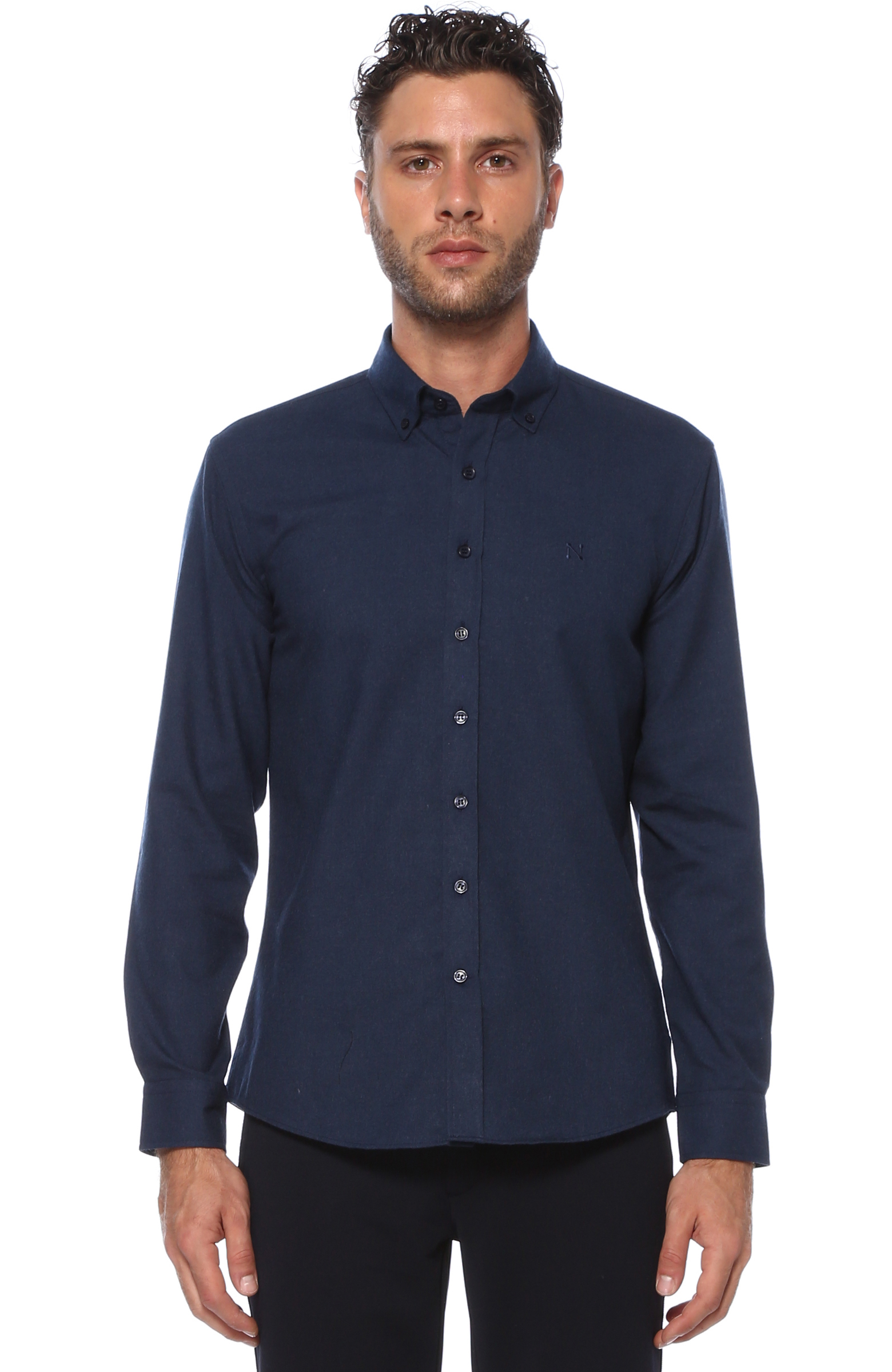 Slim Fit Mavi Logo Detaylı Gömlek Slim Fit Mavi Logo Detaylı Gömlek