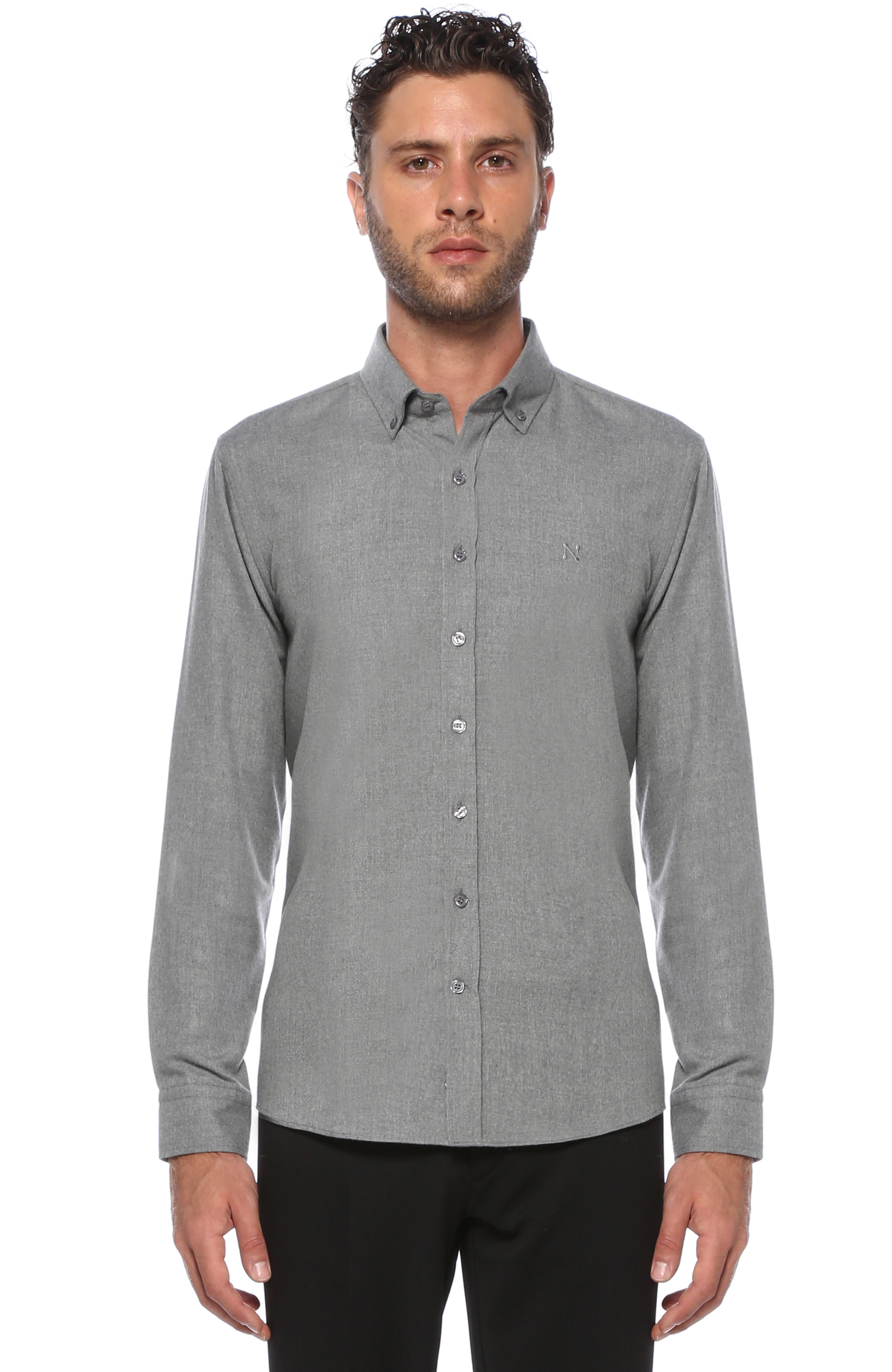 Slim Fit Gri Logo Detaylı Gömlek Slim Fit Gri Logo Detaylı Gömlek