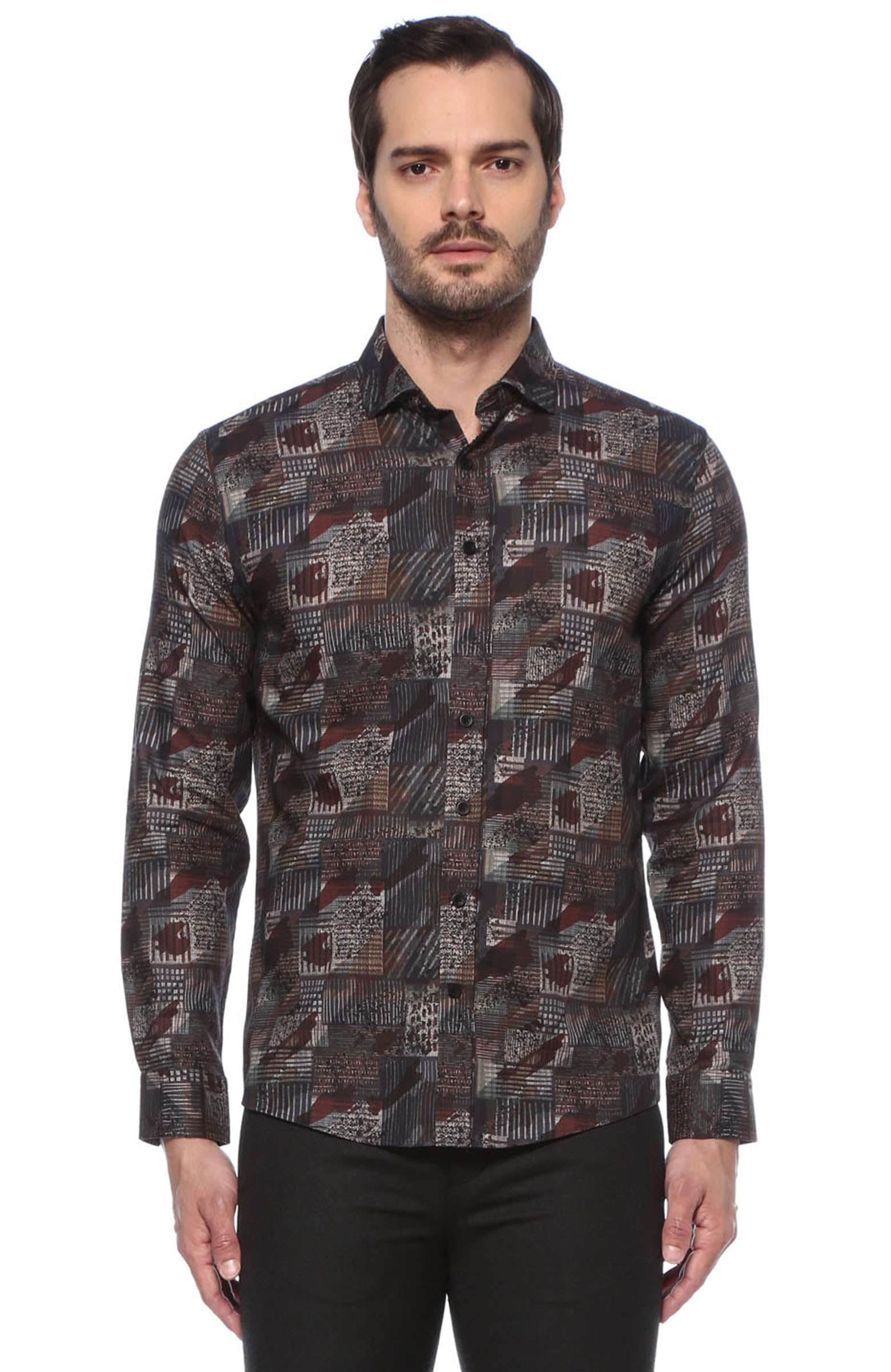 Slim Fit Kahverengi Geometrik Desenli Gömlek Slim Fit Kahverengi Geometrik Desenli Gömlek