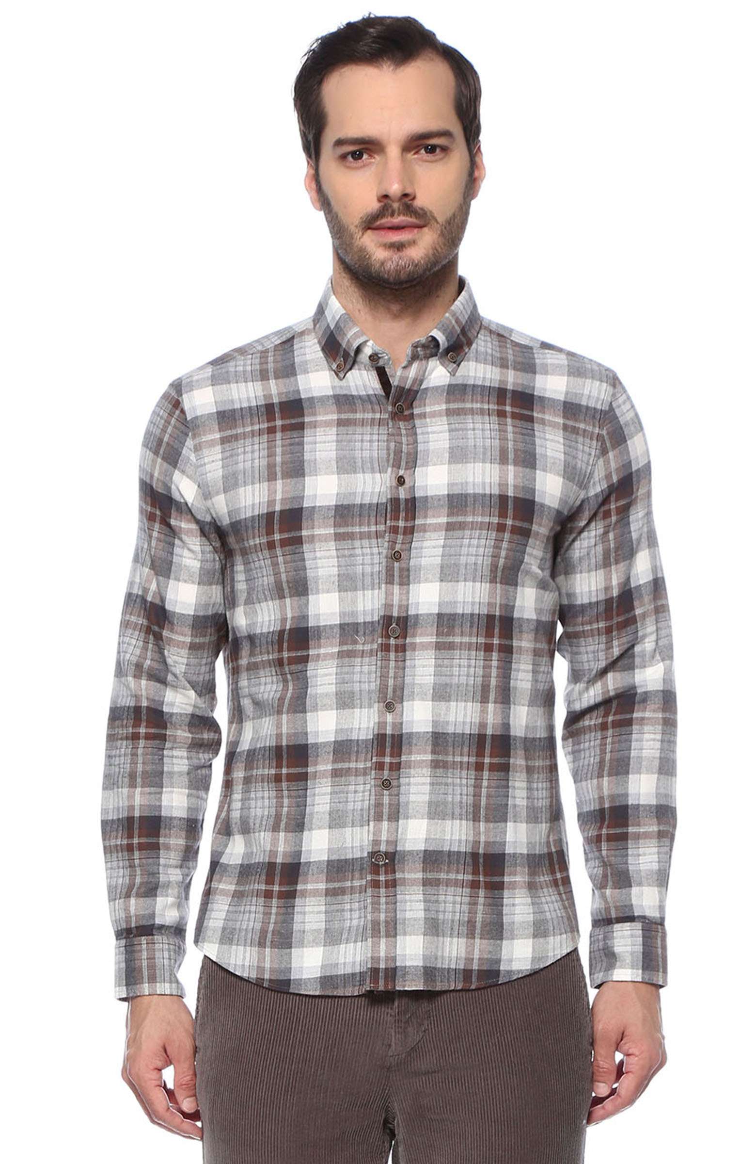 Slim Fit Gri Düğmeli Yaka Kareli Gömlek Slim Fit Gri Düğmeli Yaka Kareli Gömlek