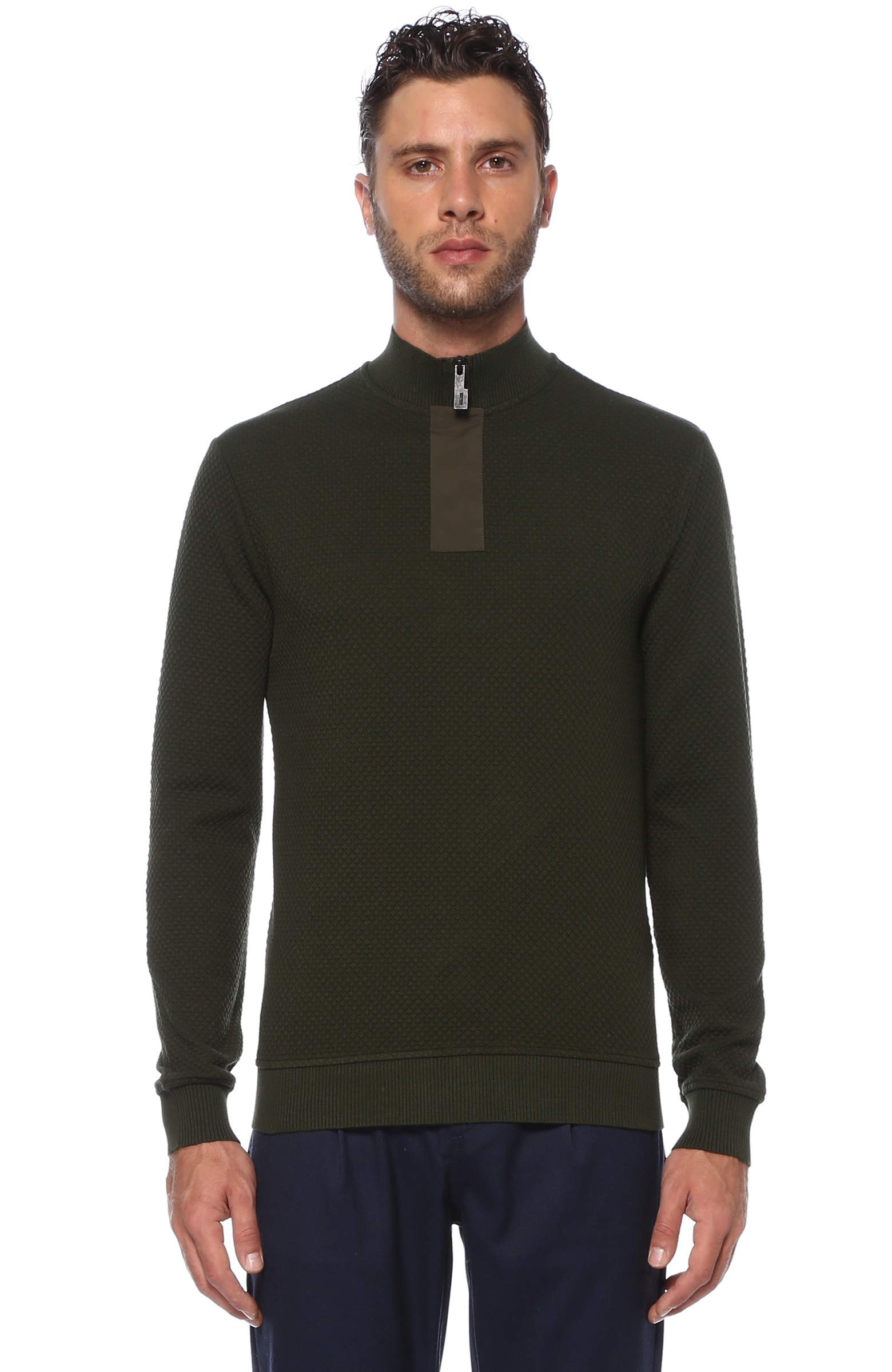 Slim Fit Haki Fermuar Detaylı Sweatshirt Slim Fit Haki Fermuar Detaylı Sweatshirt