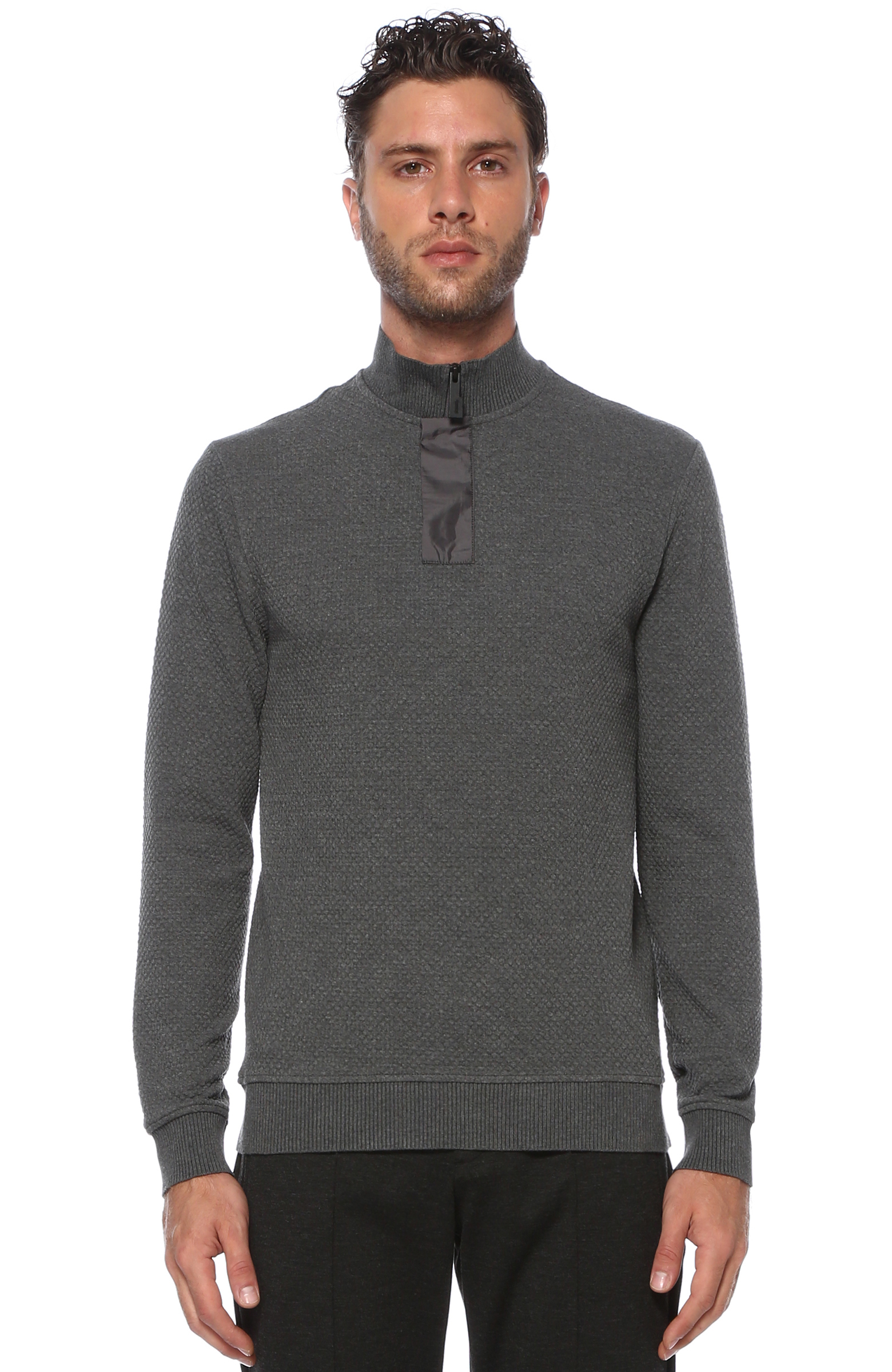 Slim Fit Gri Fermuar Detaylı Sweatshirt Slim Fit Gri Fermuar Detaylı Sweatshirt