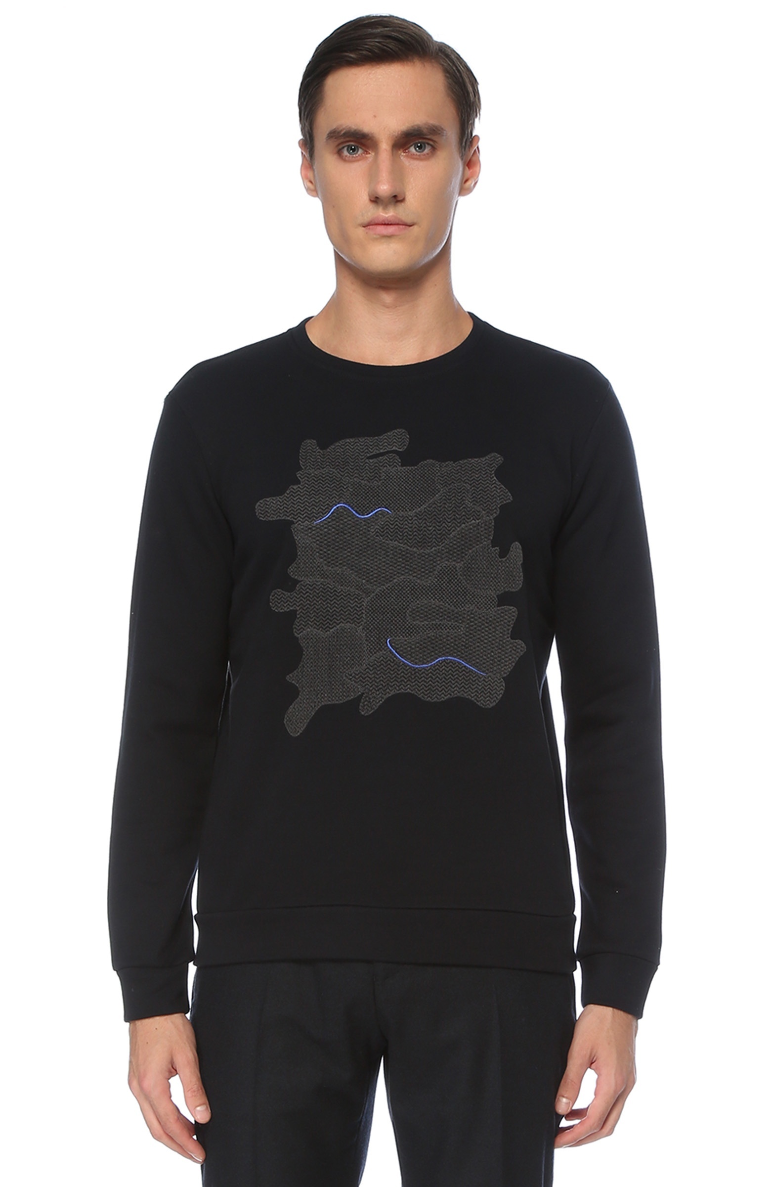 Lacivert Bisiklet Yaka Nakışlı Sweatshirt