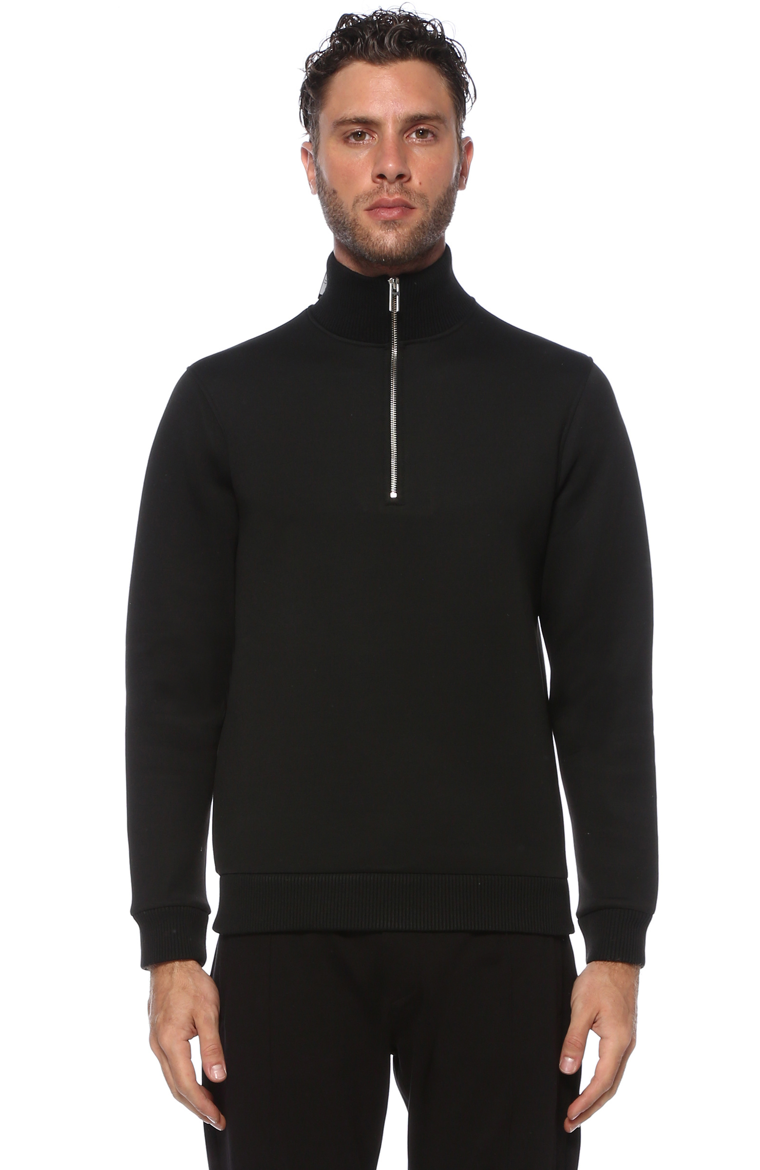 Slim Fit Siyah Dik Yakalı Sweatshirt
