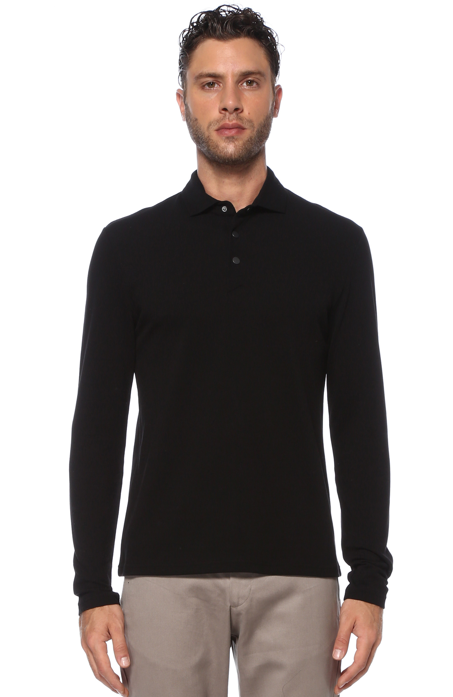 Slim Fit Siyah Polo Yaka Sweatshirt