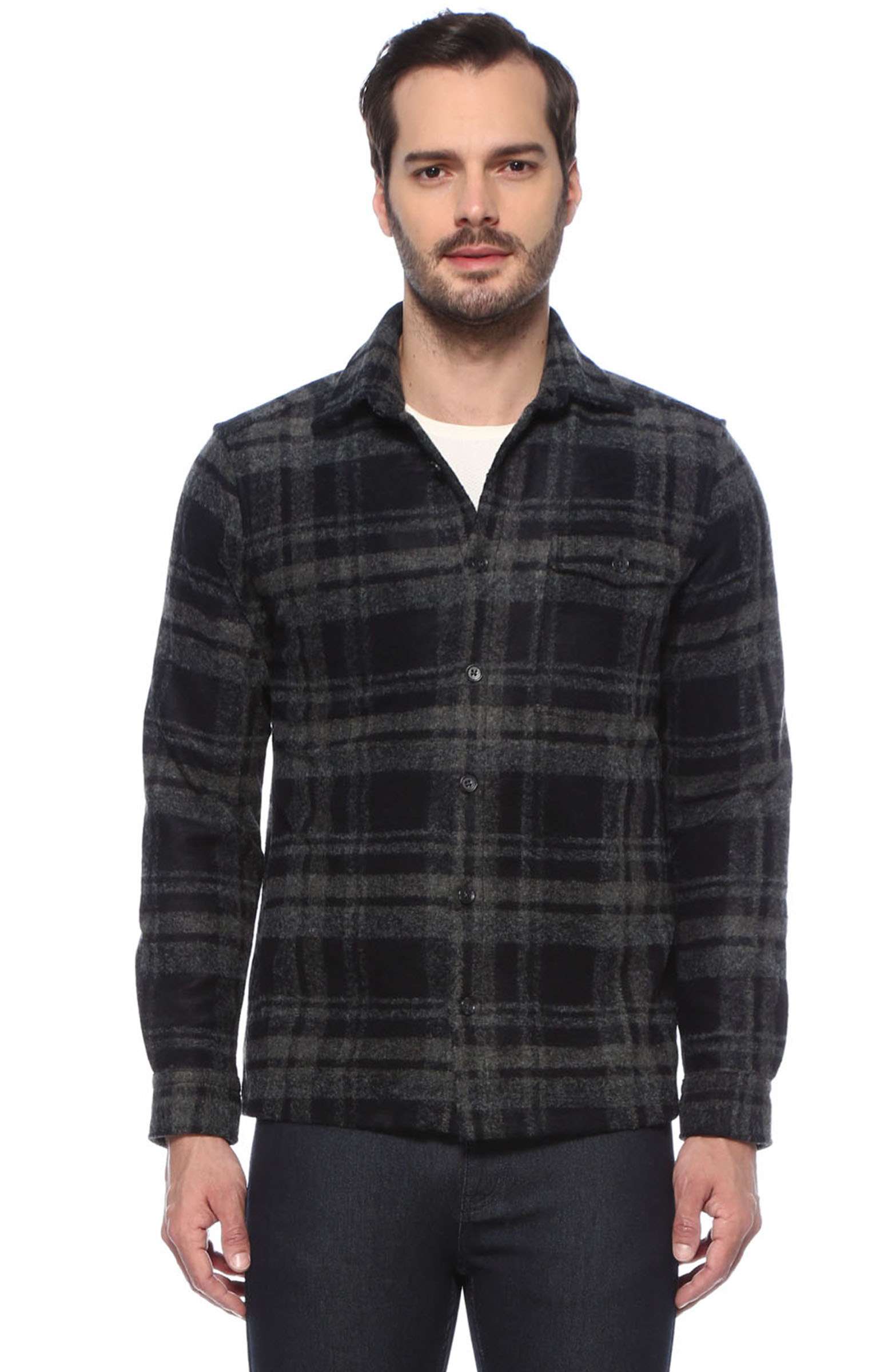 Slim Fit Lacivert Gri Ekoseli Gömlek