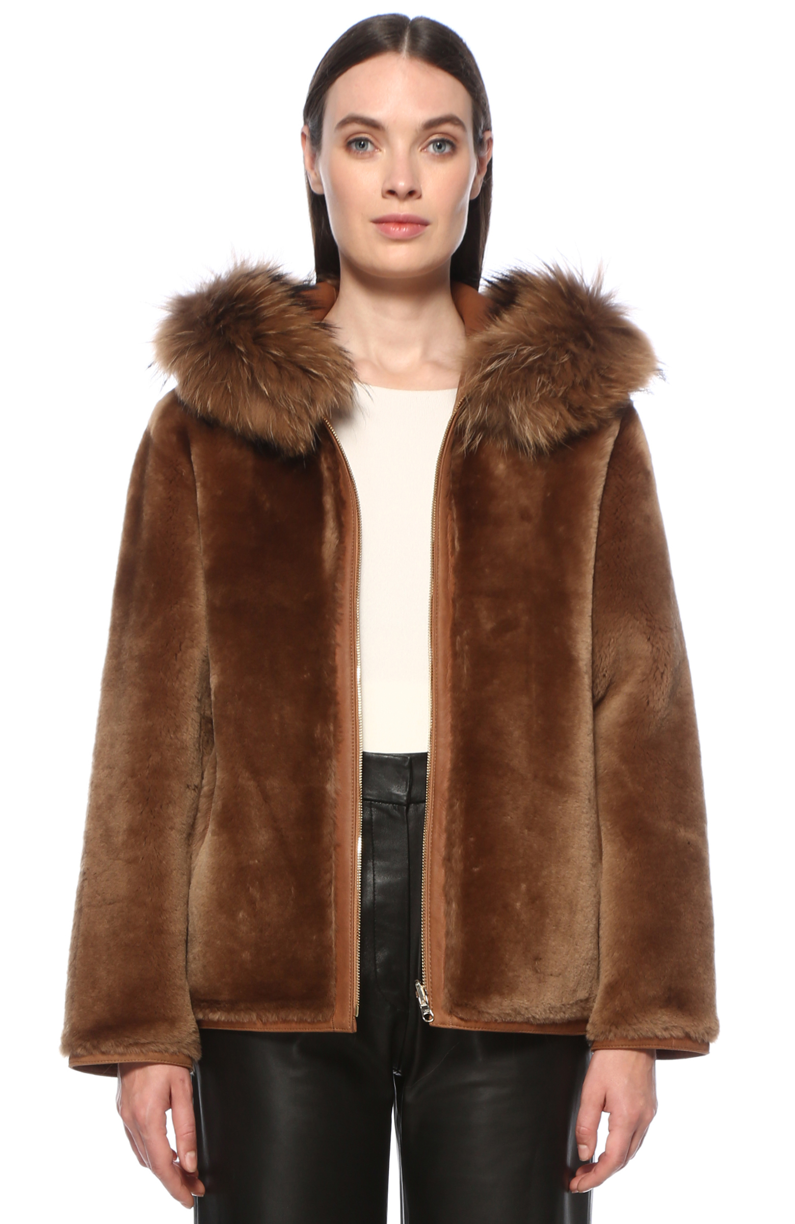 Regular Fit Taba Çift Taraflı Kapüşonlu Deri Mont Regular Fit Taba Çift Taraflı Kapüşonlu Deri Mont