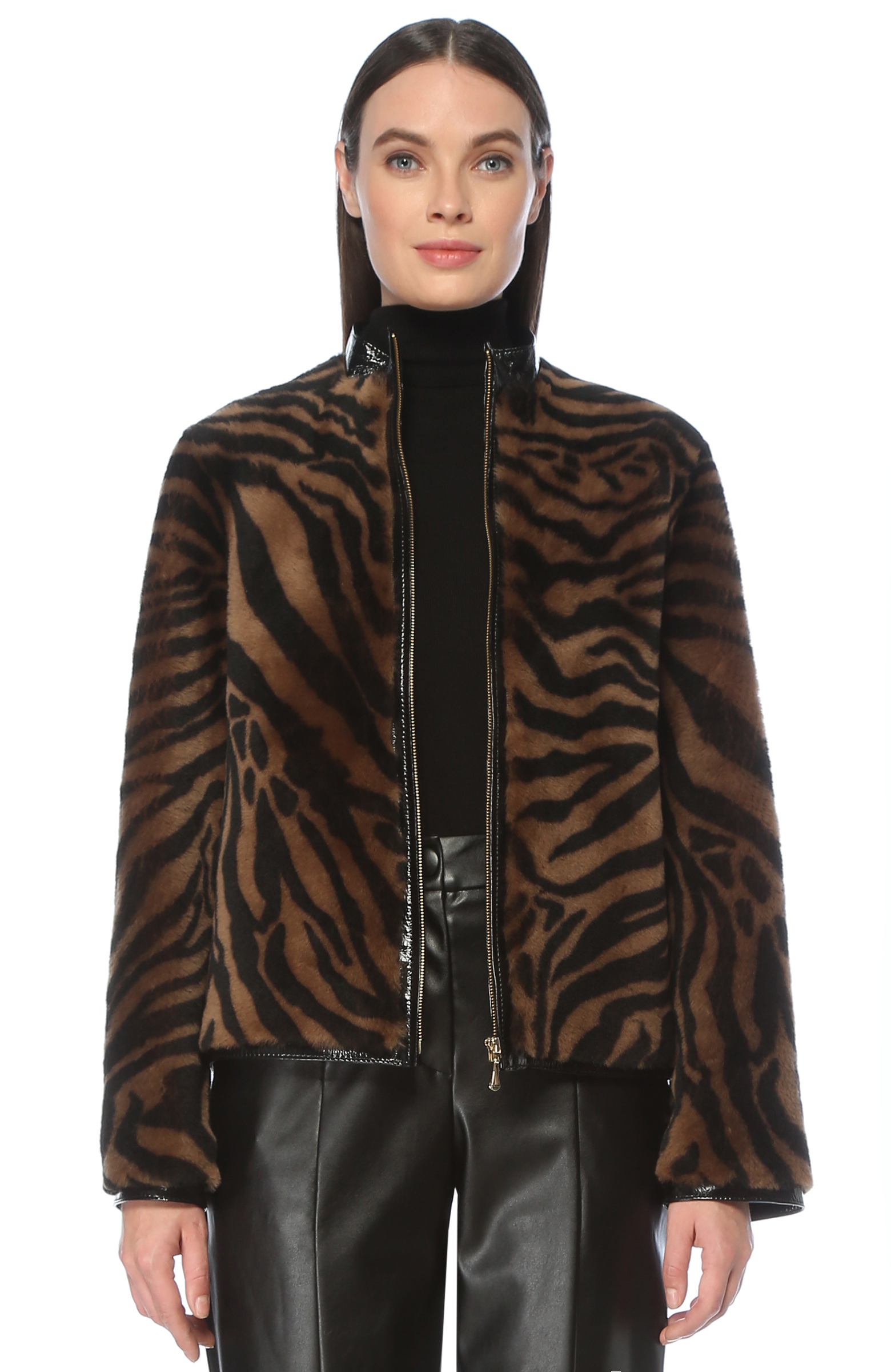Regular Fit Camel Siyah Zebra Desenli Yün Mont Regular Fit Camel Siyah Zebra Desenli Yün Mont