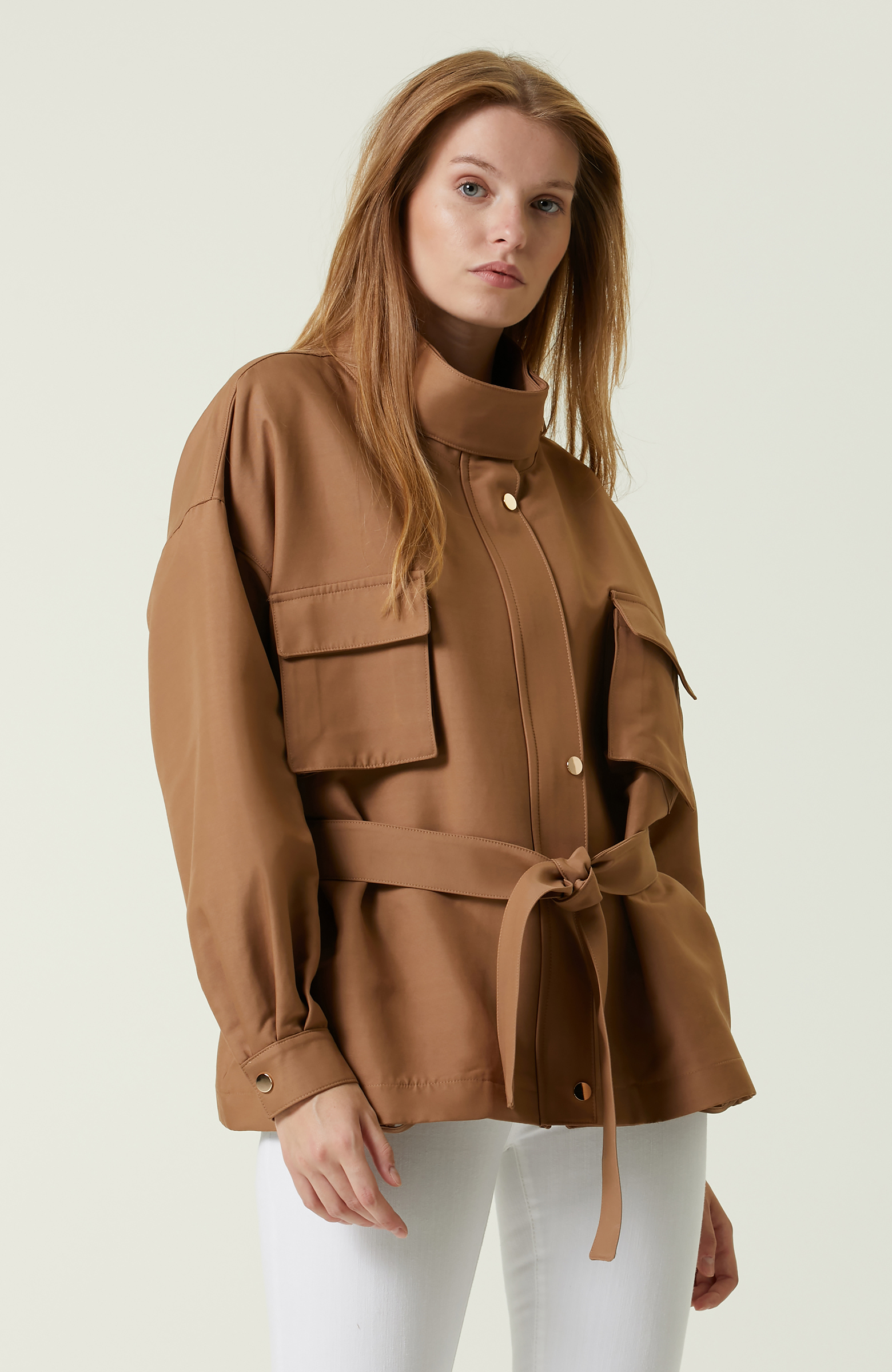 Regular Fit Camel Beli Kuşaklı Mont Regular Fit Camel Beli Kuşaklı Mont