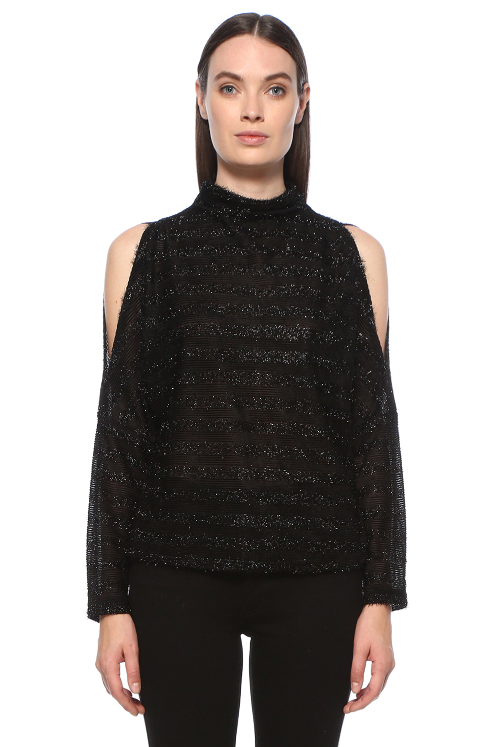 Siyah Çizgi Dokulu Simli Kazak