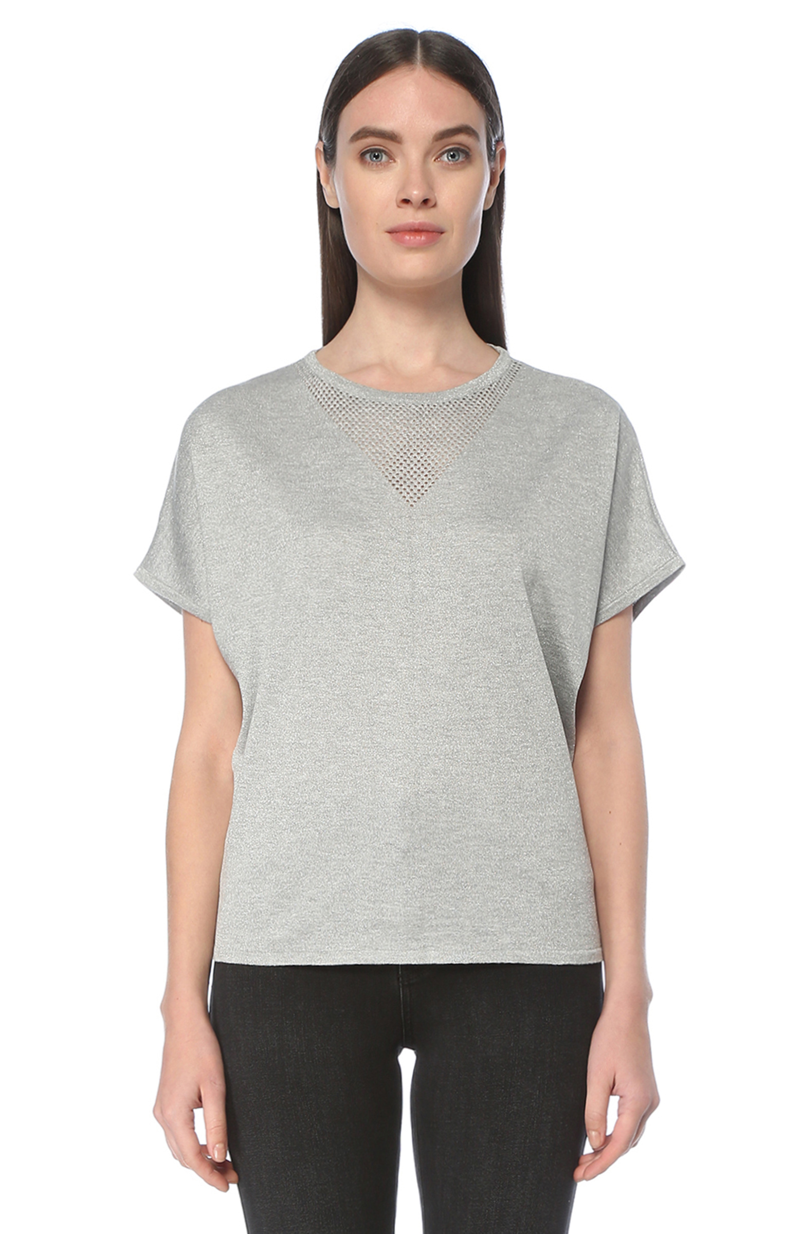 Gri Bisiklet Yaka Simli Kısa Kol Kazak Gri Bisiklet Yaka Simli Kısa Kol Kazak