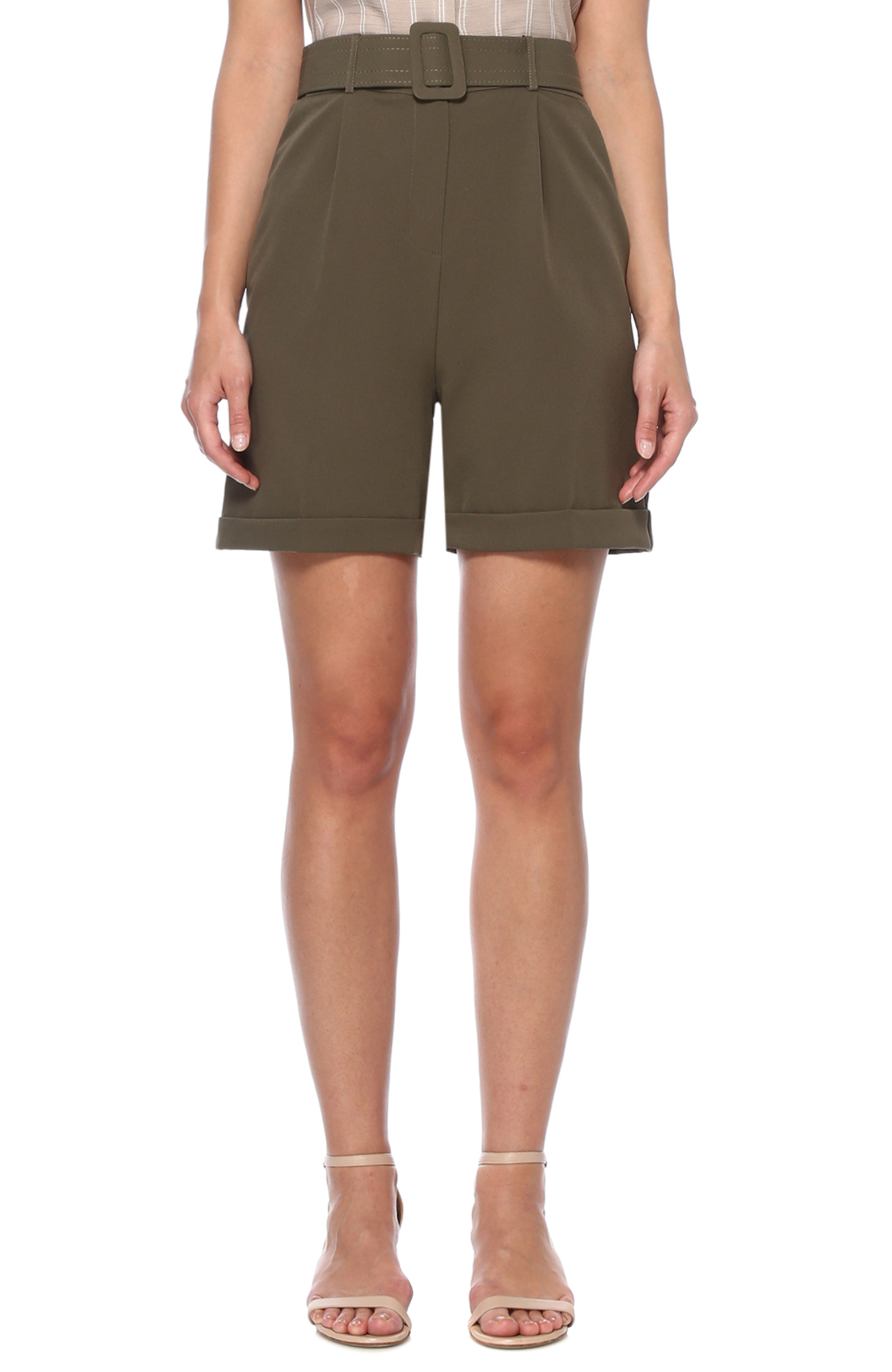 Haki Yüksek Bel Kemerli Şort