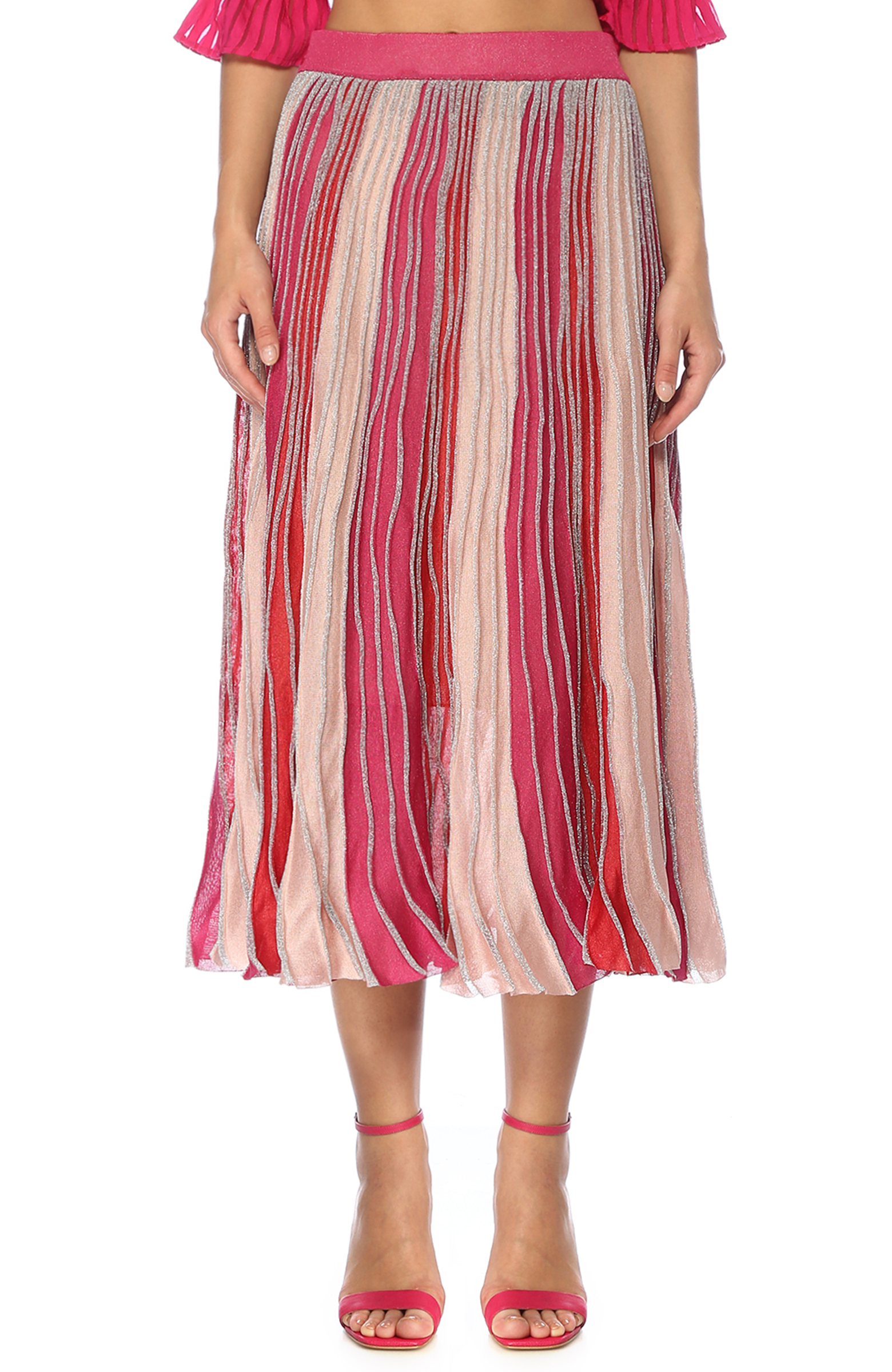 Fuşya Çizgili Pilili Midi Etek