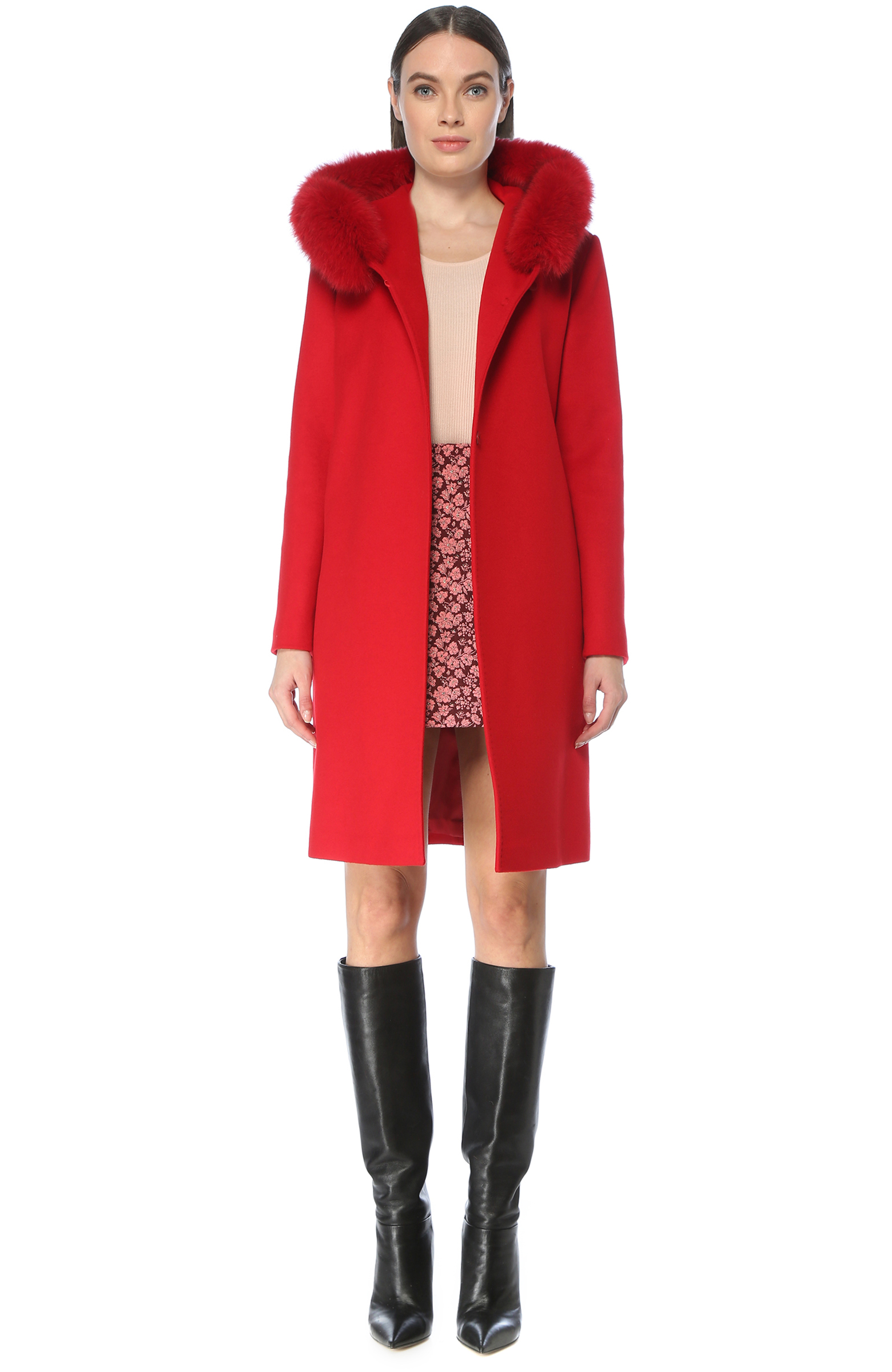 Regular Fit Kırmızı Kapüşonlu Yün Kaban Regular Fit Kırmızı Kapüşonlu Yün Kaban