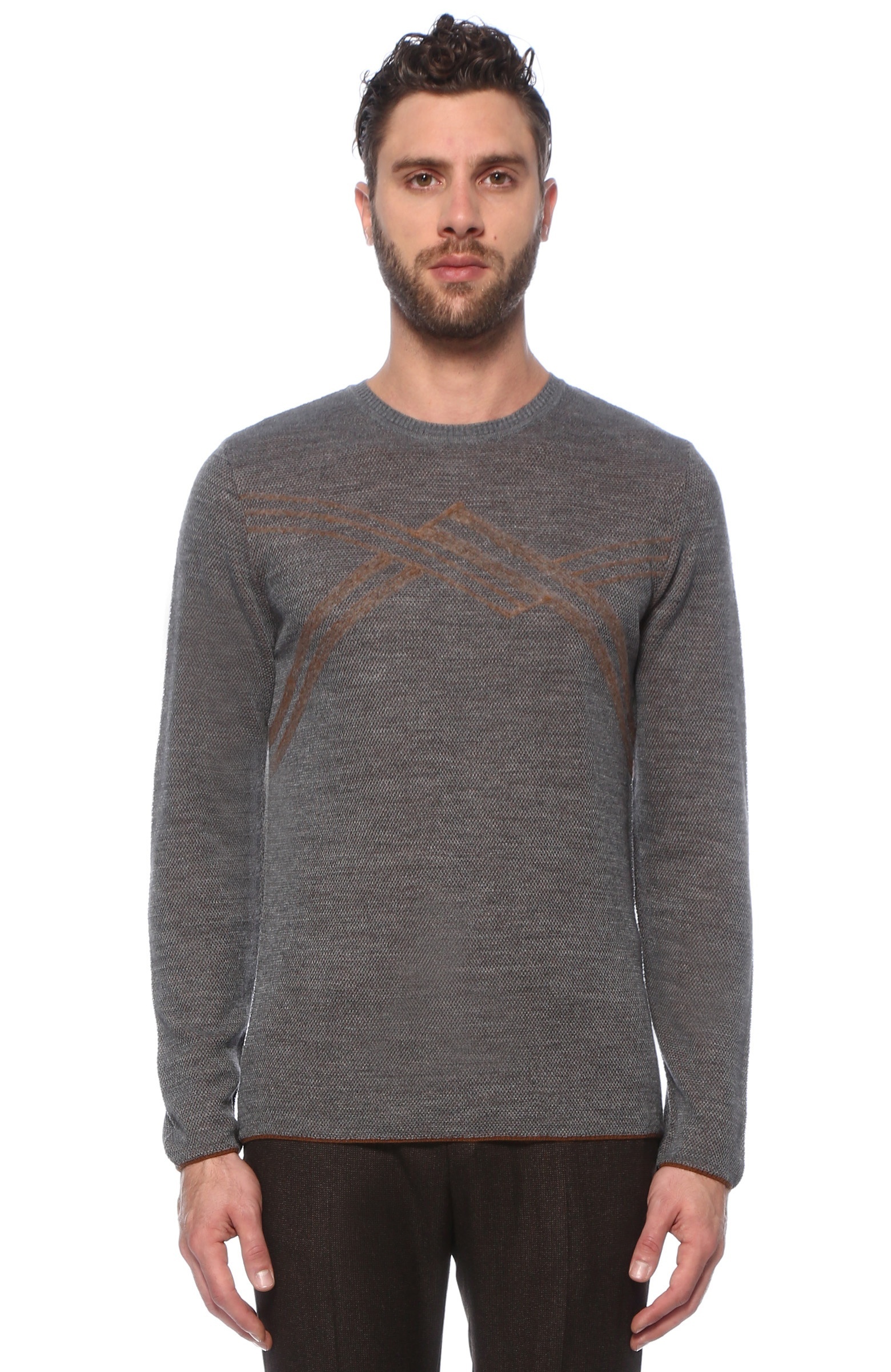 Gri Desen Jakarlı Yün Kazak