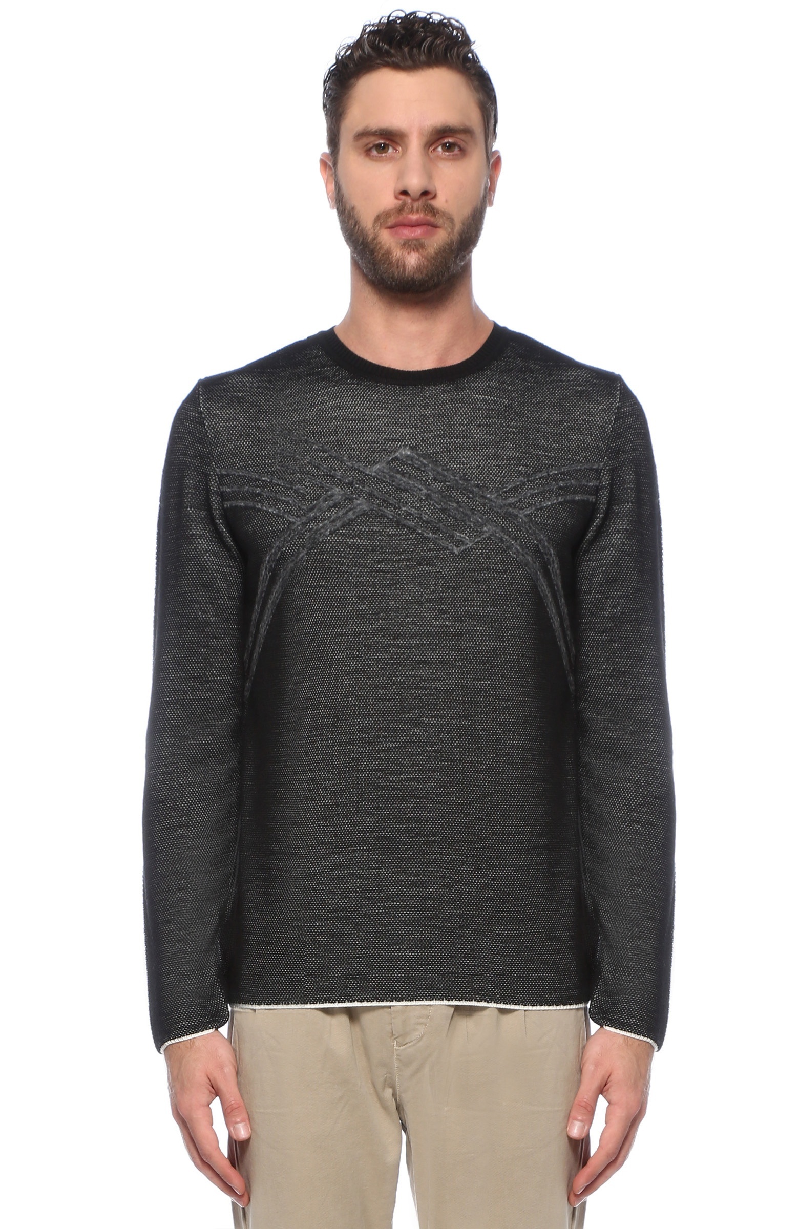 Slim Fit Siyah Desen Jakarlı Yün Kazak