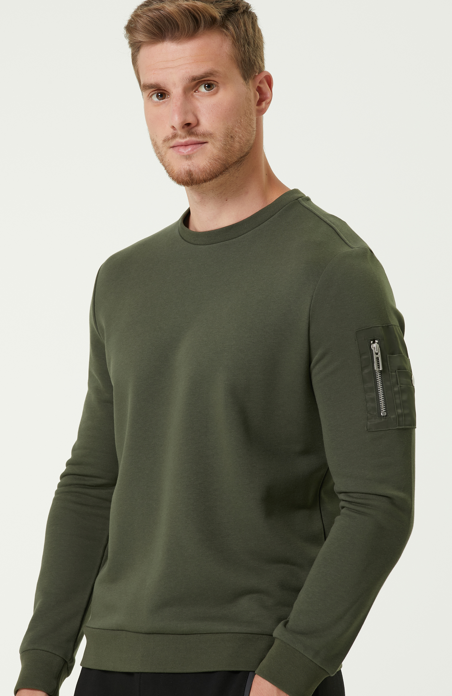 Slim Fit Haki Cep Detaylı Sweatshirt