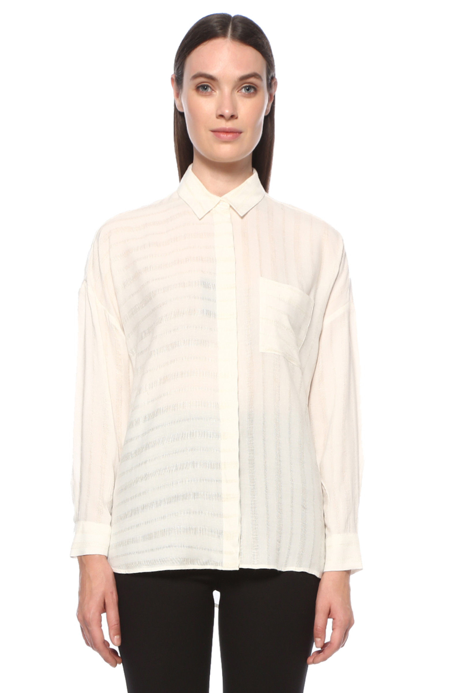 Bej Beyaz Çizgili Düşük Kol Gömlek