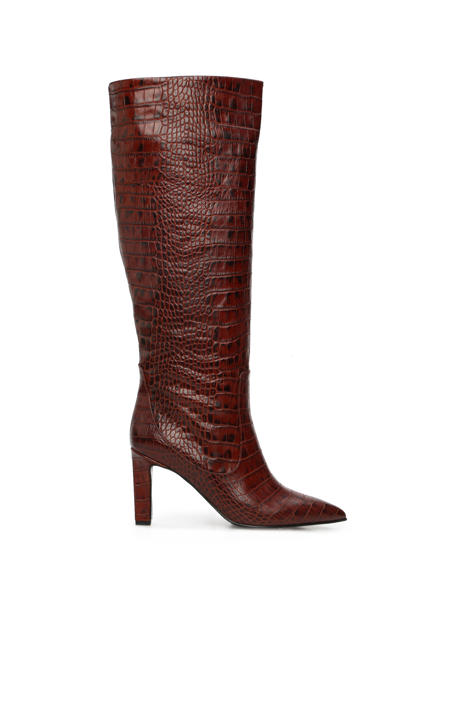 Kahverengi Kroko Dokulu Topuklu Deri Çizme
