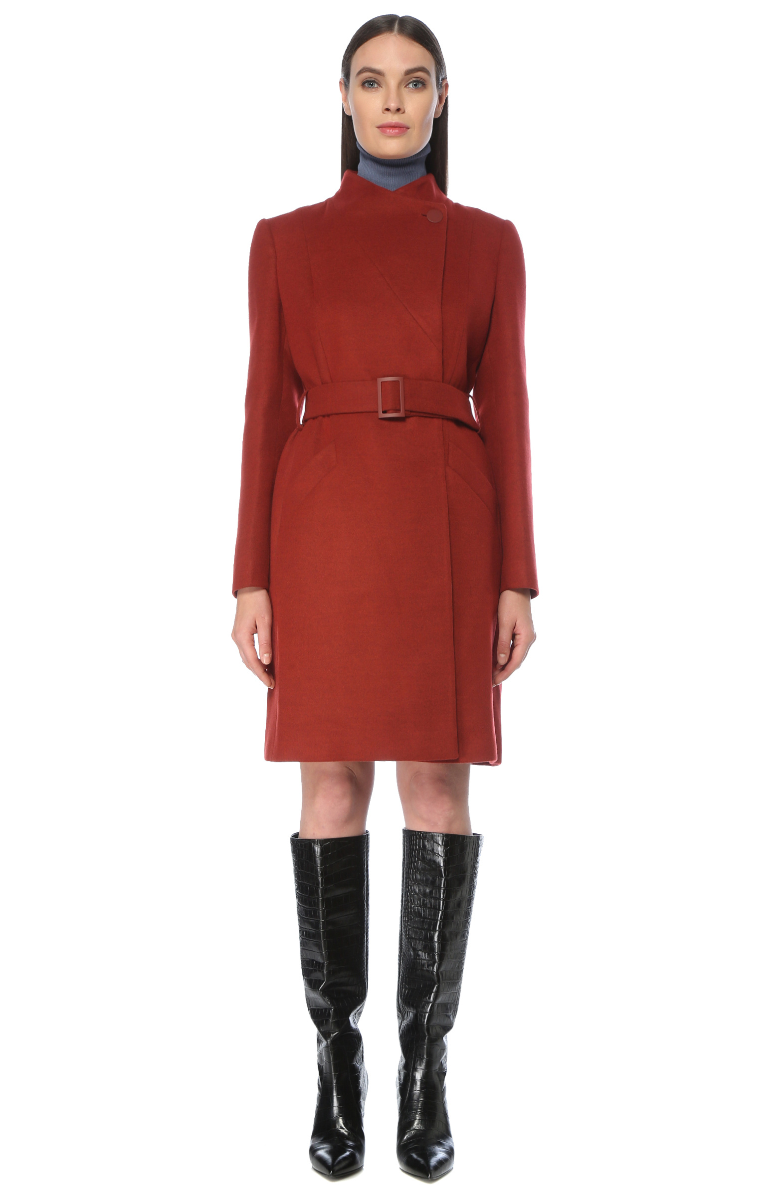 Tarçın Dik Yaka Kemerli Kruvaze Palto