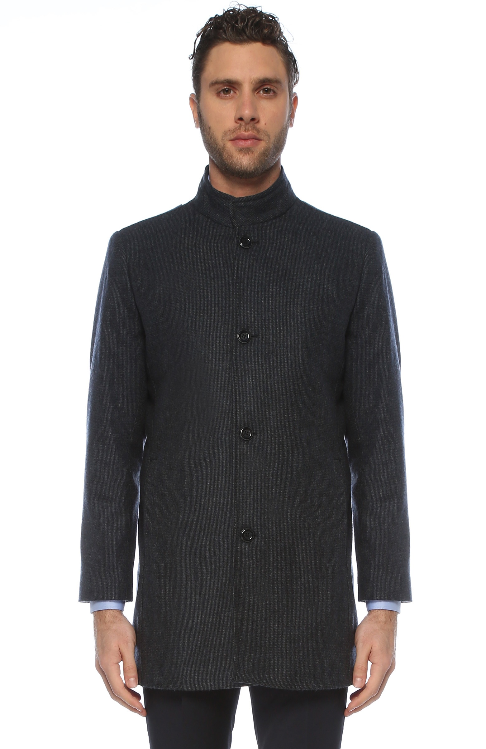 Slim Fit Lacivert Dik Yaka Desenli Palto Slim Fit Lacivert Dik Yaka Desenli Palto