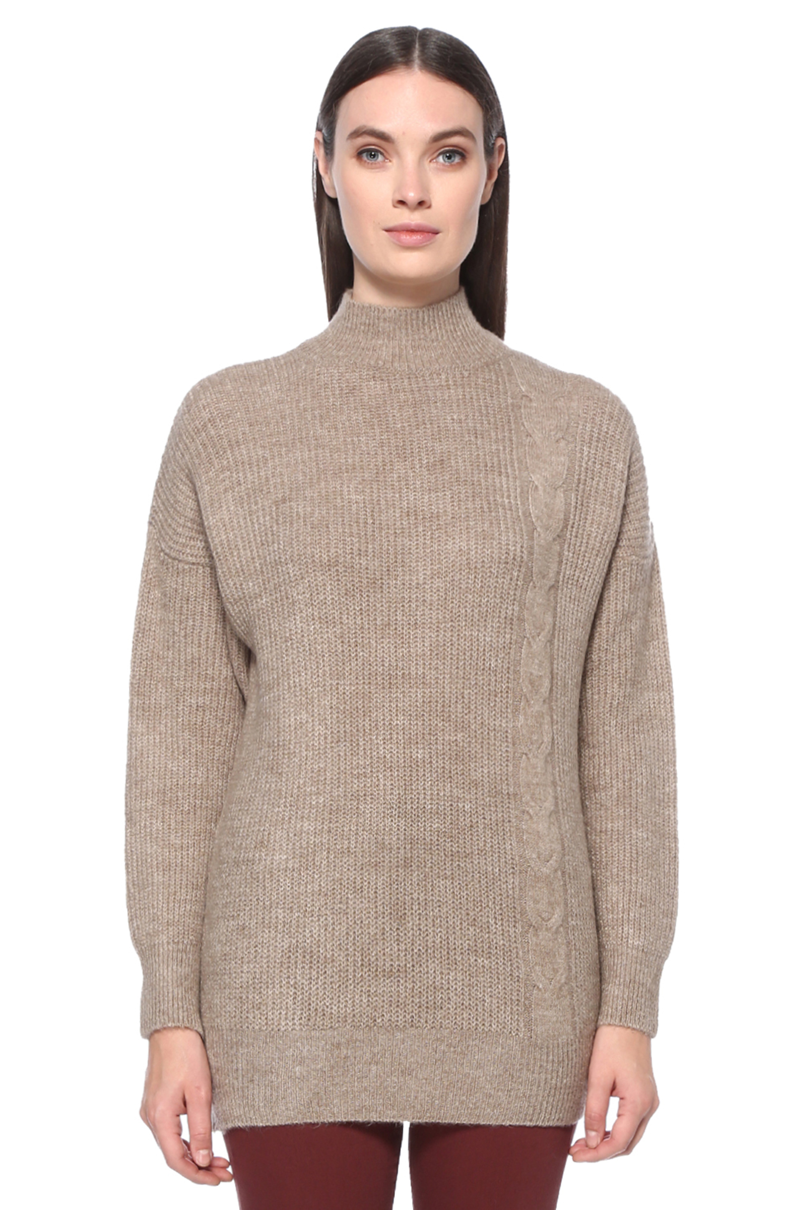 Geniş Fit Vizon Örgü Detaylı Dik Yaka Kazak