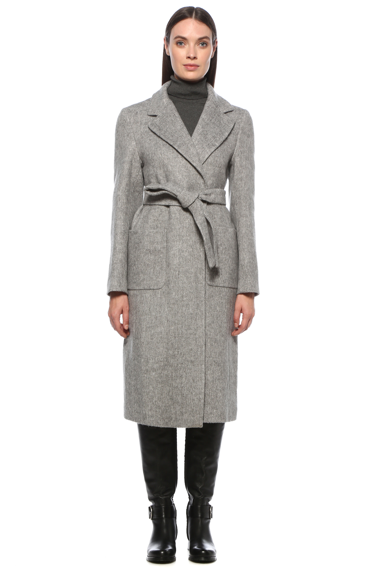 Gri Melanj Kelebek Yaka Kuşaklı Kruvaze Palto