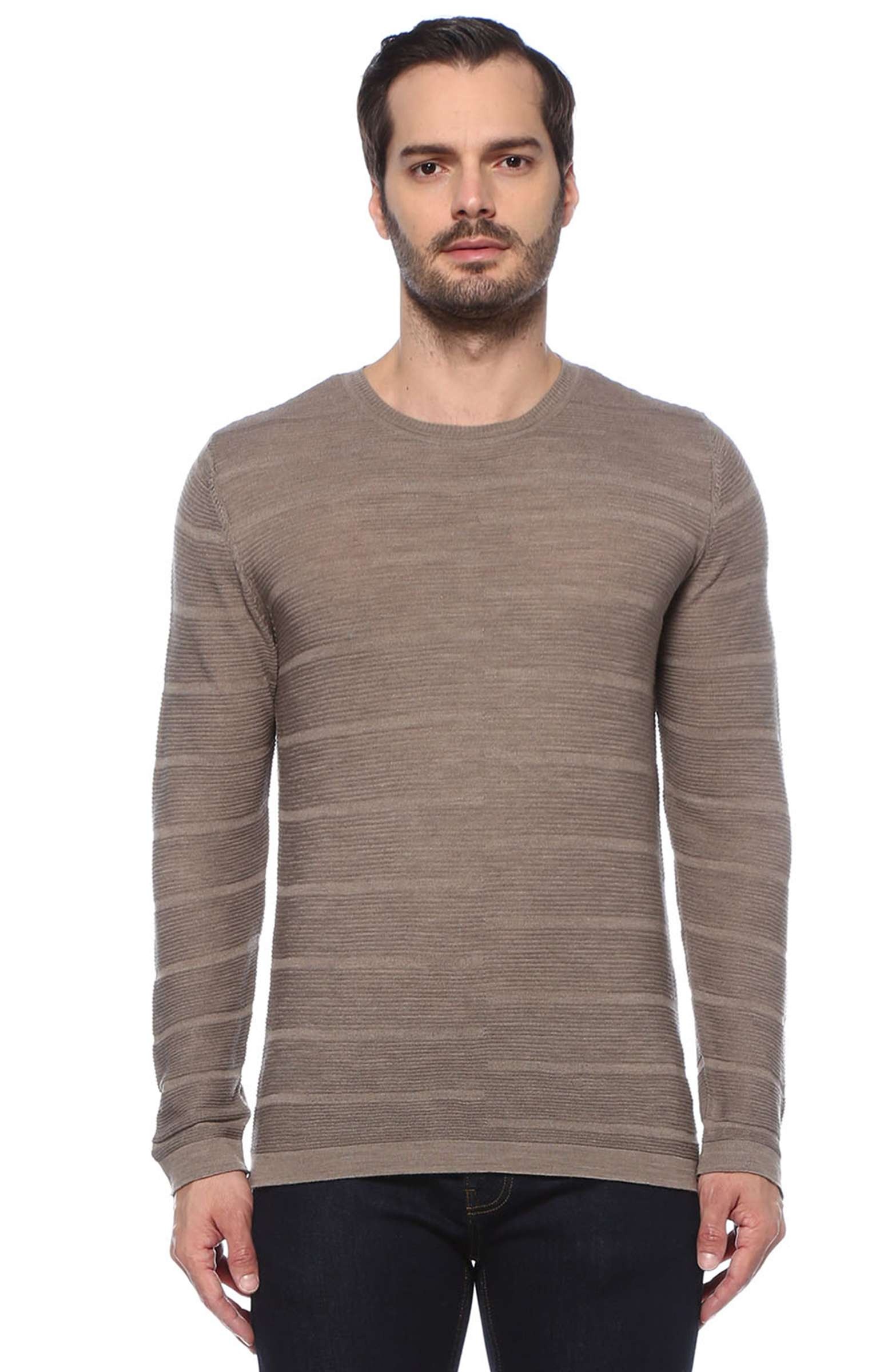 Bej Bisiklet Yaka Çizgili Yün Kazak