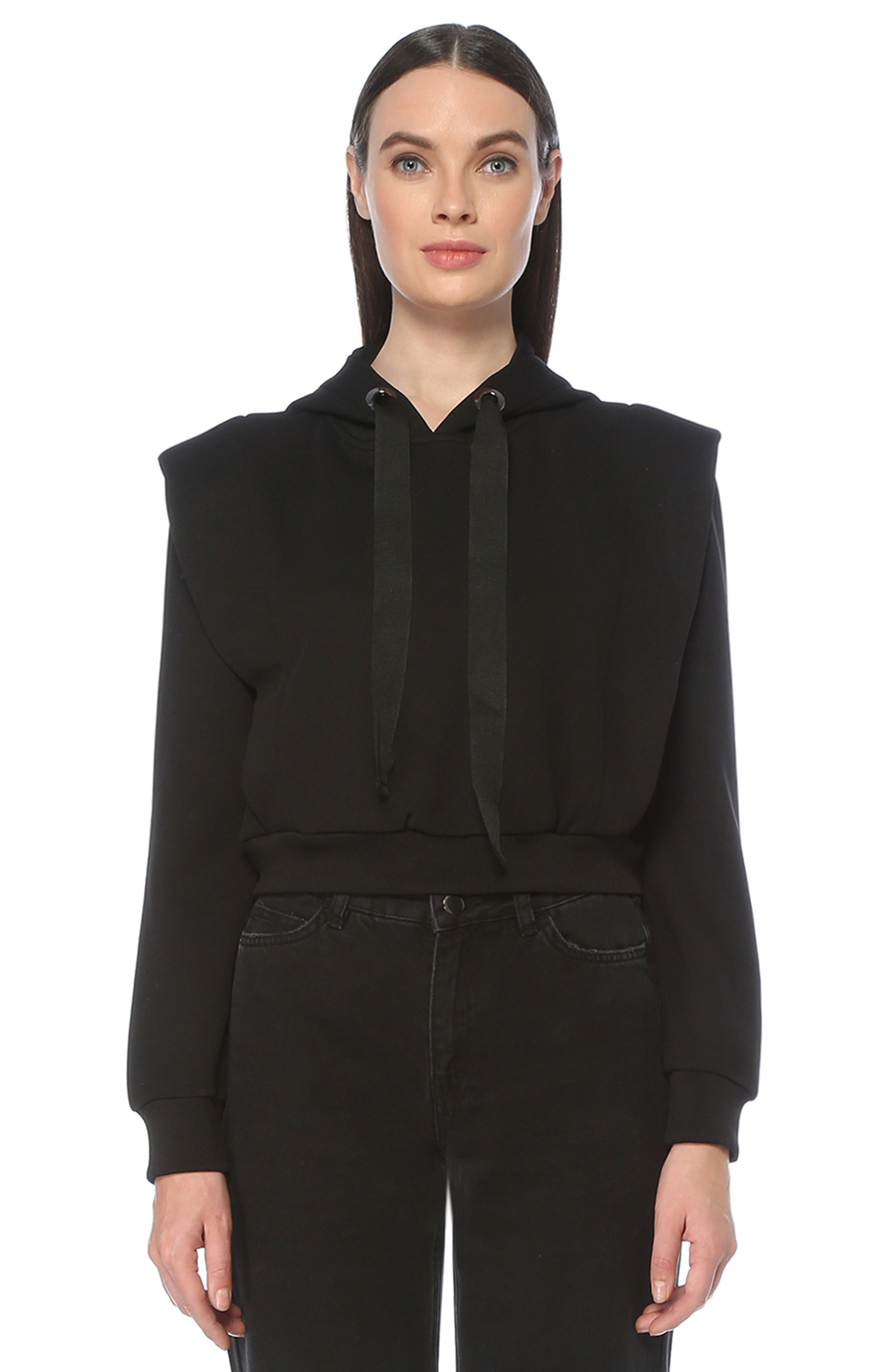 Siyah Kapüşonlu Cropped Sweatshirt Siyah Kapüşonlu Cropped Sweatshirt