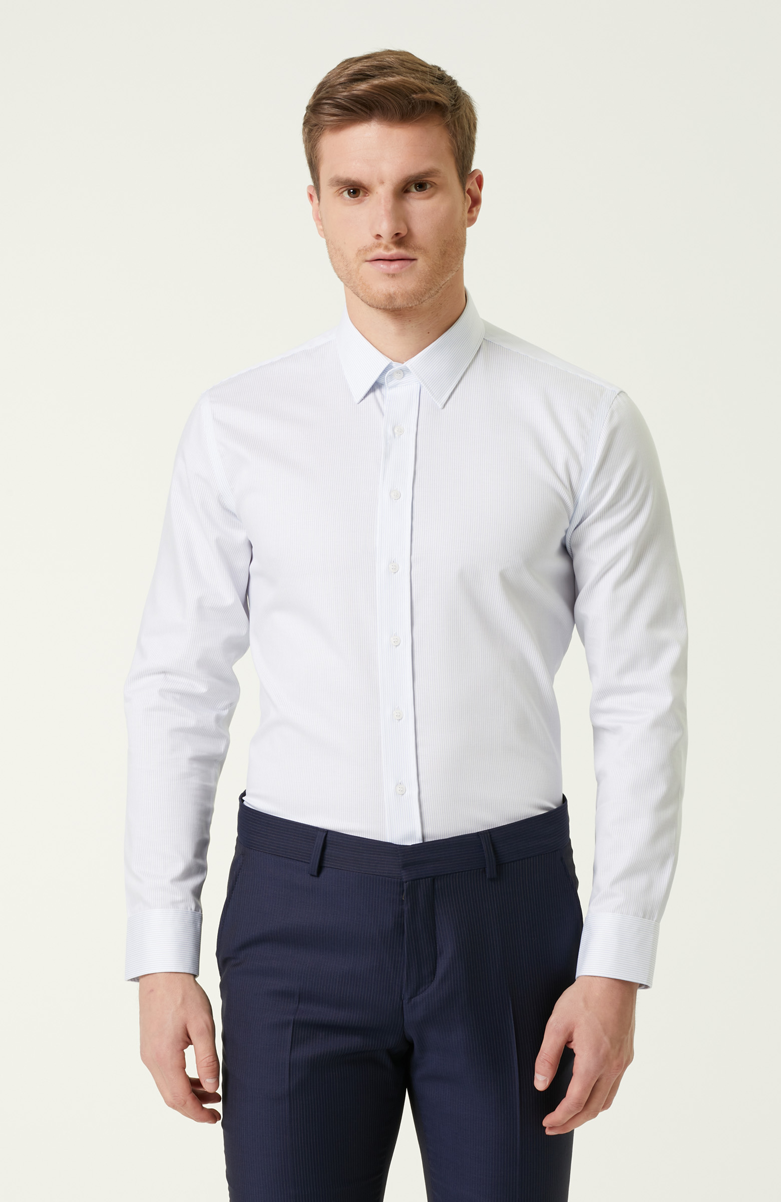 Slim Fit Beyaz Mavi Çizgili Gömlek Slim Fit Beyaz Mavi Çizgili Gömlek