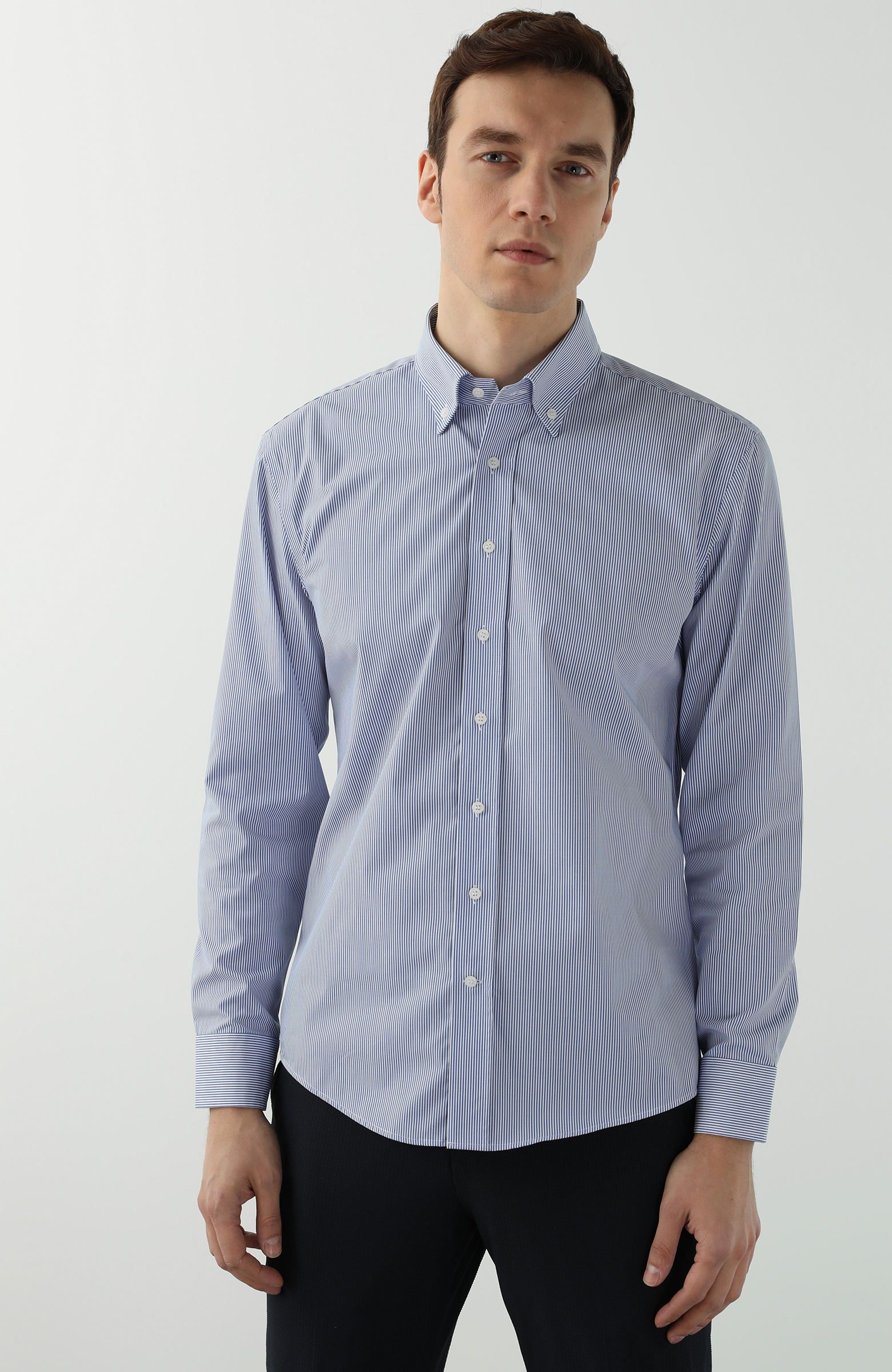 Slim Fit Beyaz Lacivert Çizgili Gömlek