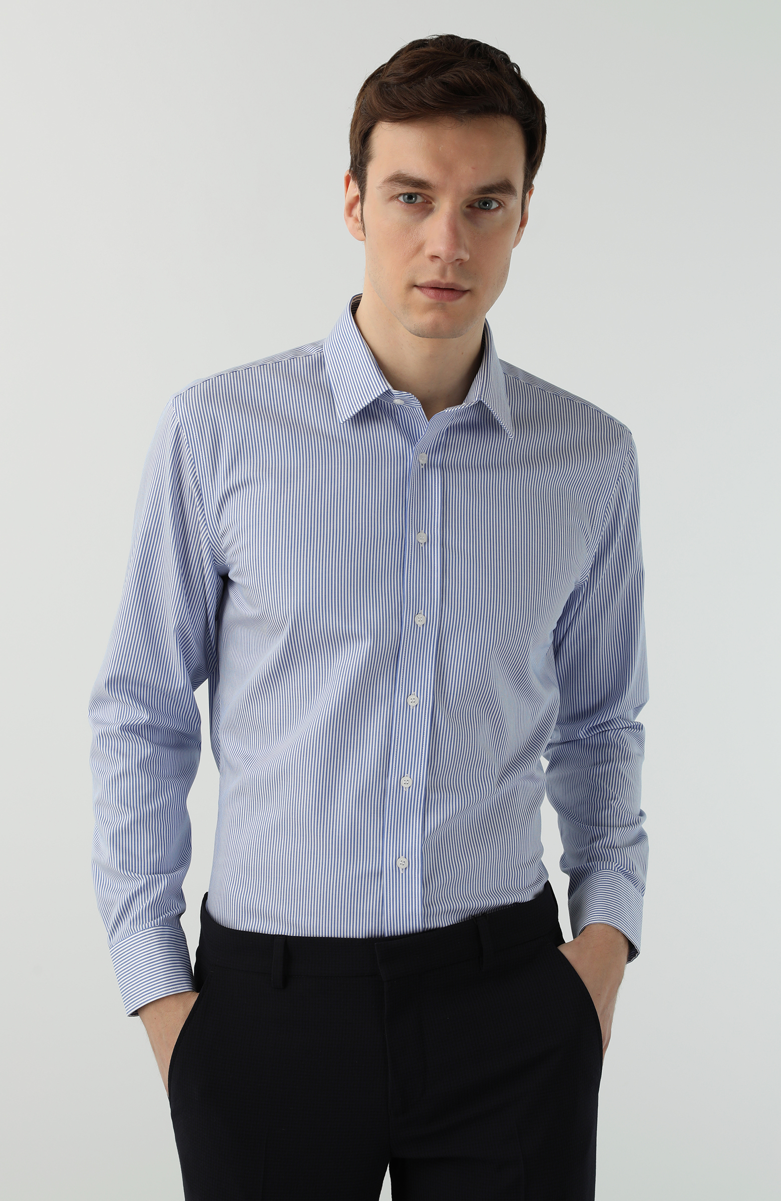 Slim Fit Mavi Çizgili Gömlek