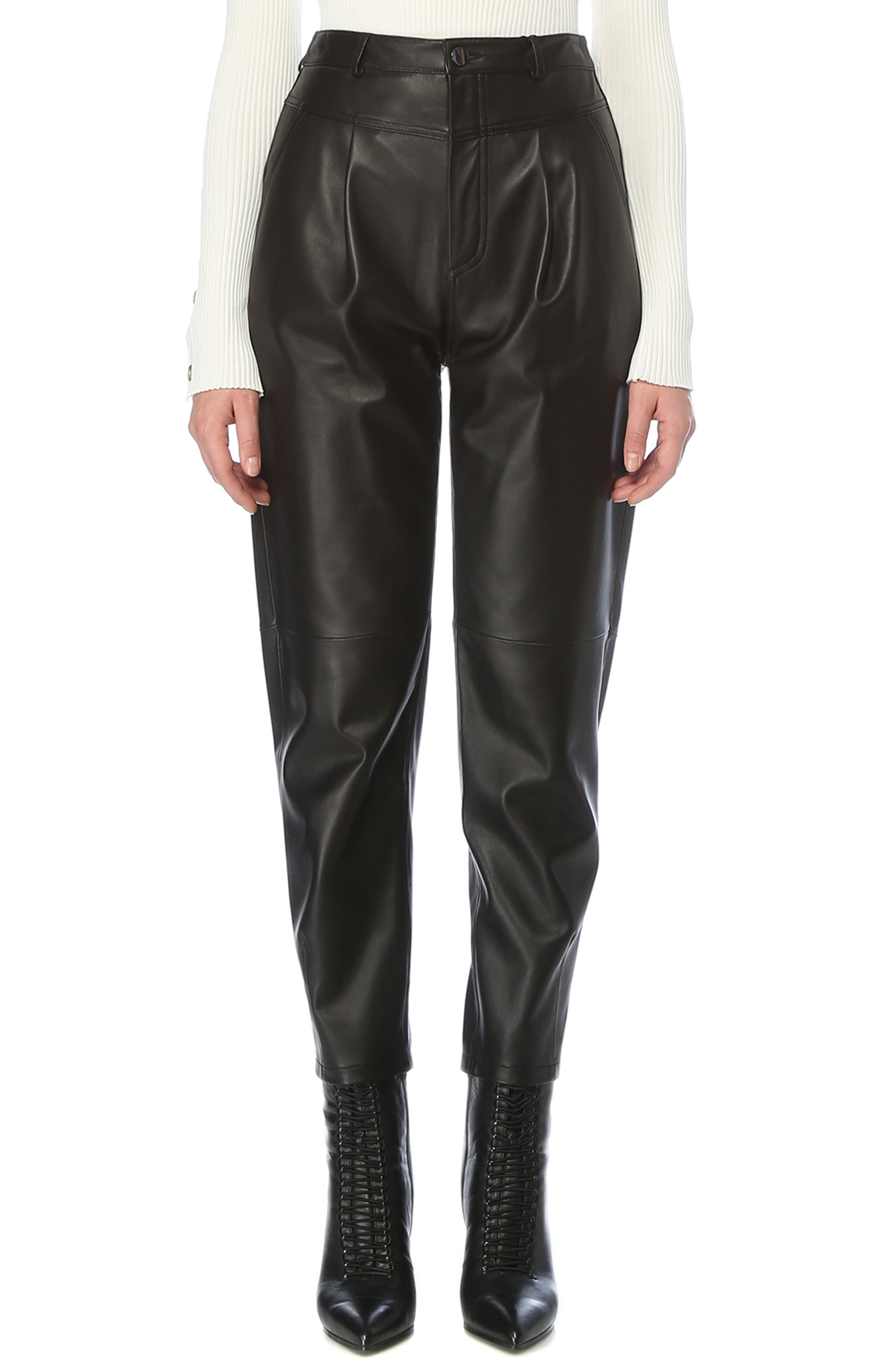 Regular Fit Siyah Yüksek Bel Deri Pantolon