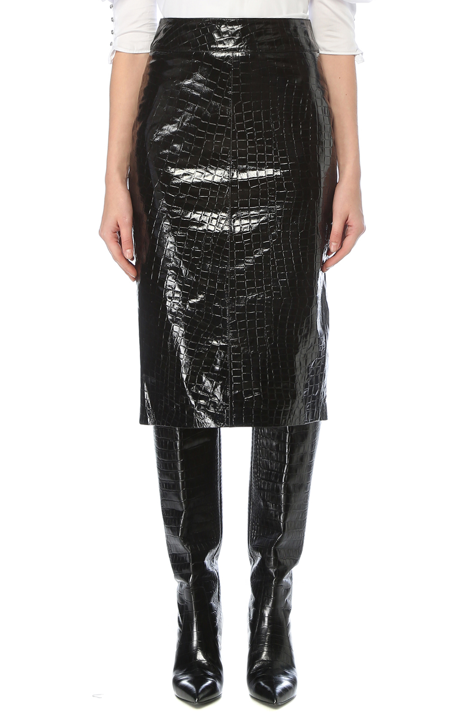 Siyah Krokodil Dokulu Midi Deri Etek Siyah Krokodil Dokulu Midi Deri Etek