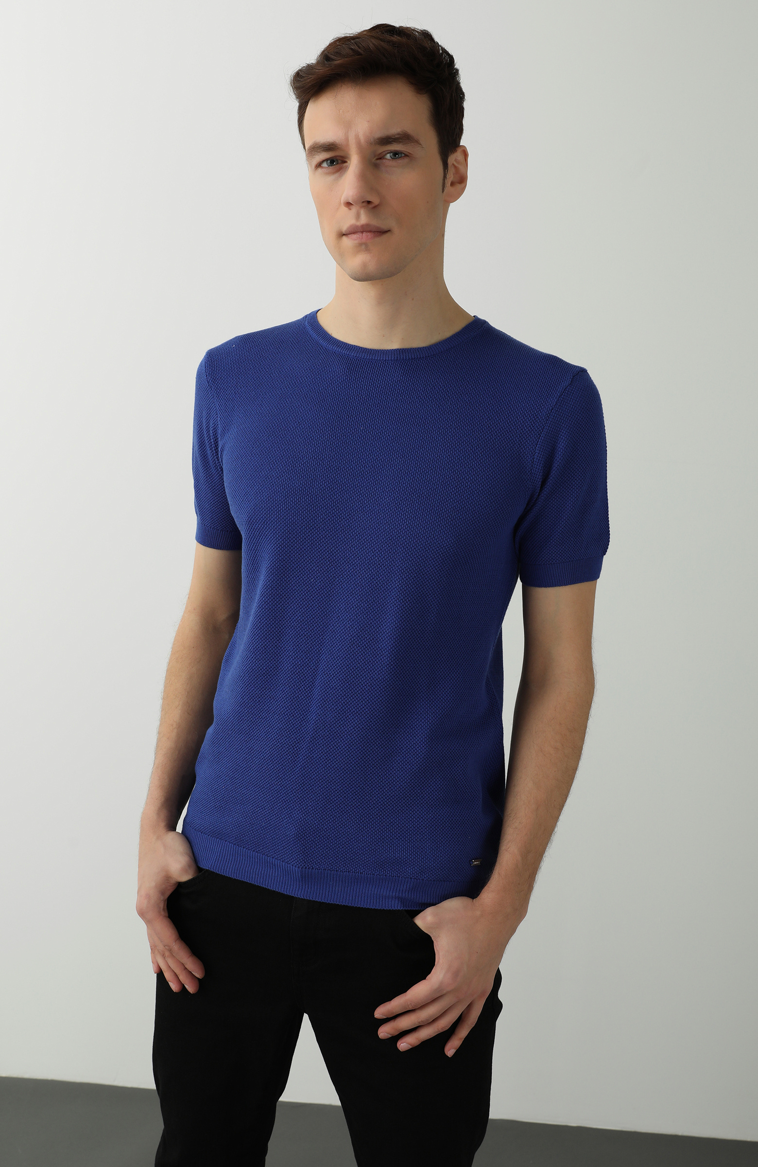 Slim Fit Mavi Bisiklet Yaka Basic T-shirt