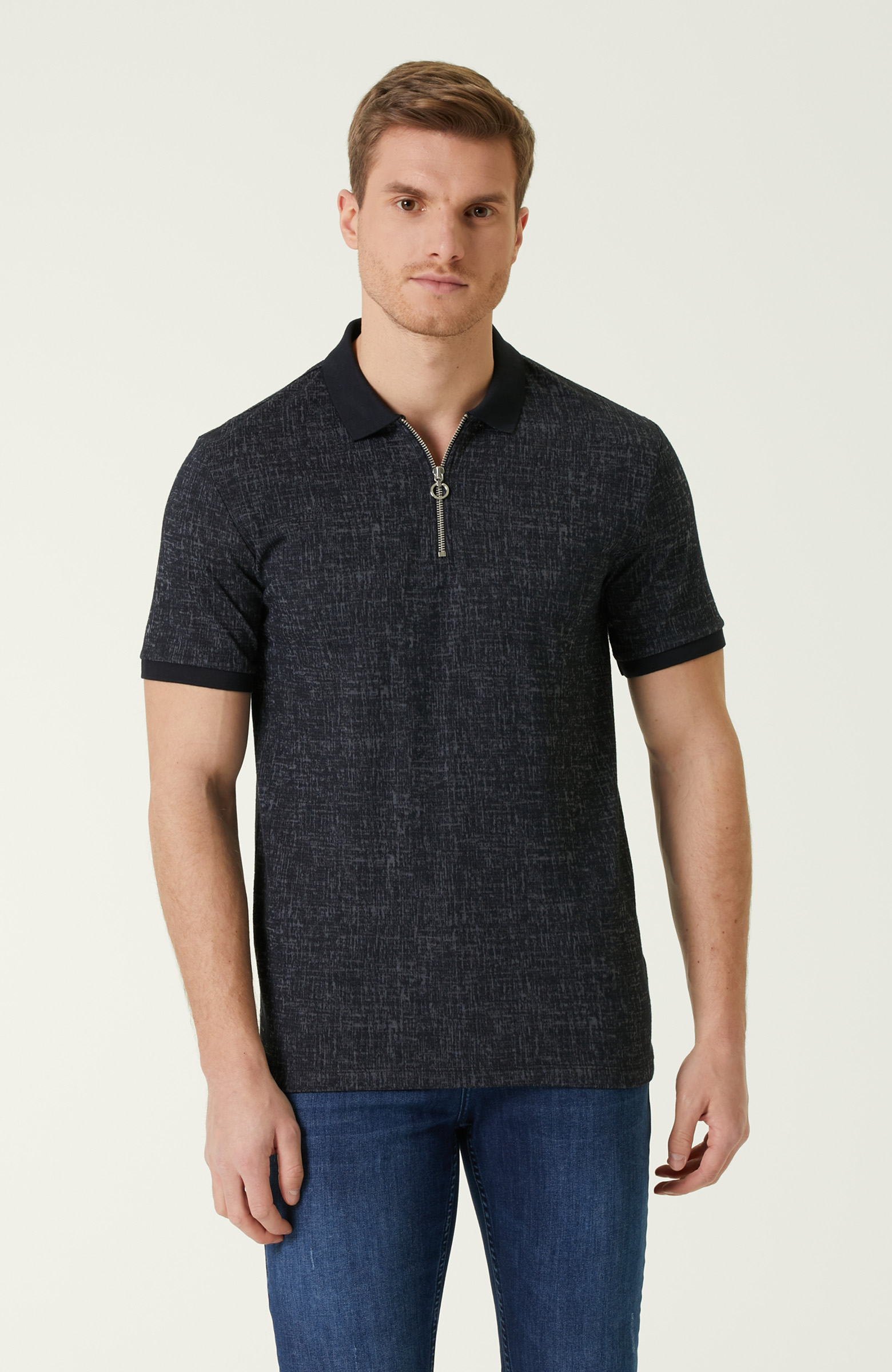 Slim Fit Lacivert Desenli Polo Yaka T-shirt Slim Fit Lacivert Desenli Polo Yaka T-shirt