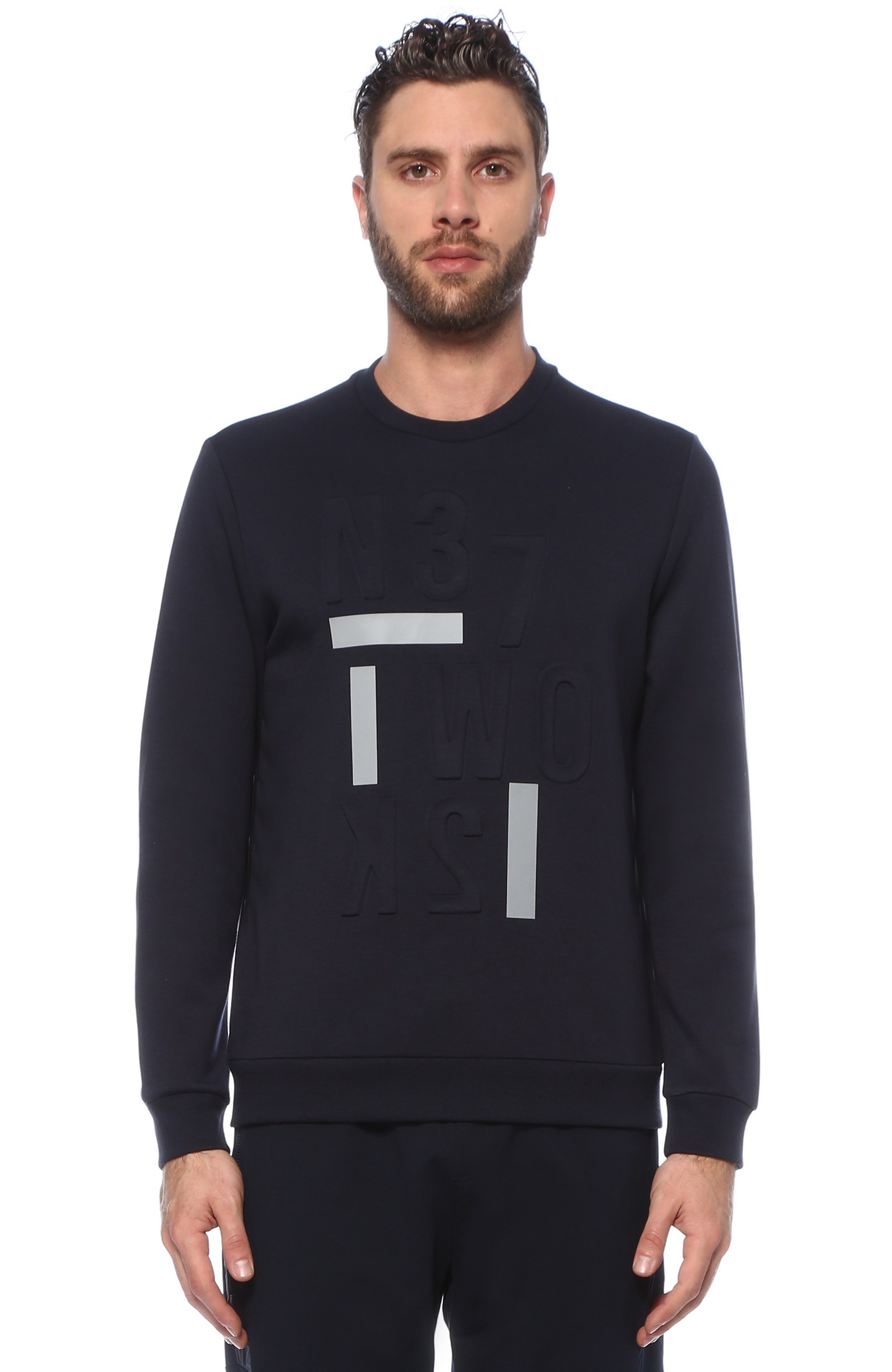 Lacivert Bisiklet Yaka Baskılı Sweatshirt