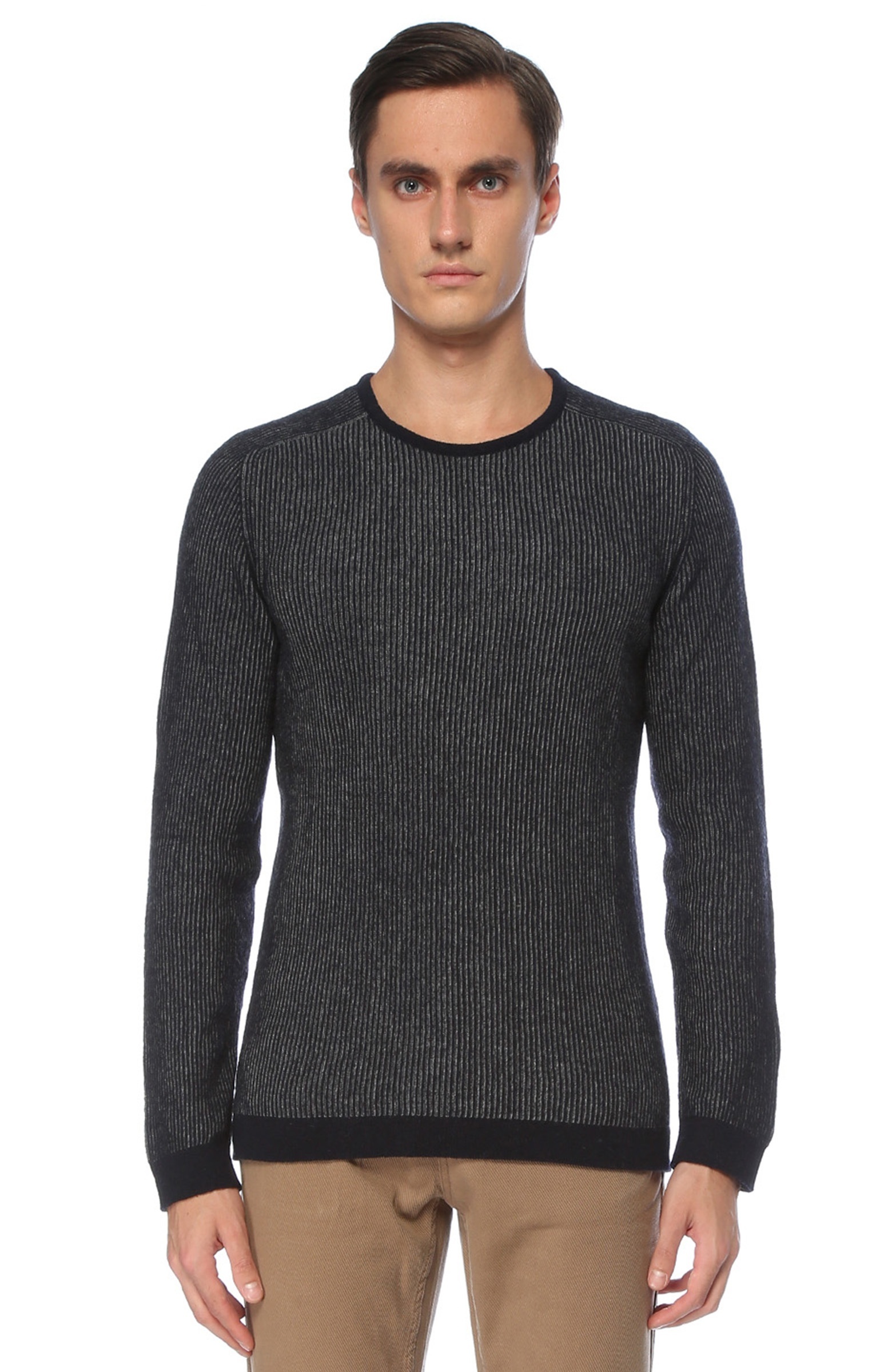 Lacivert Bisiklet Yaka Çizgili Kazak