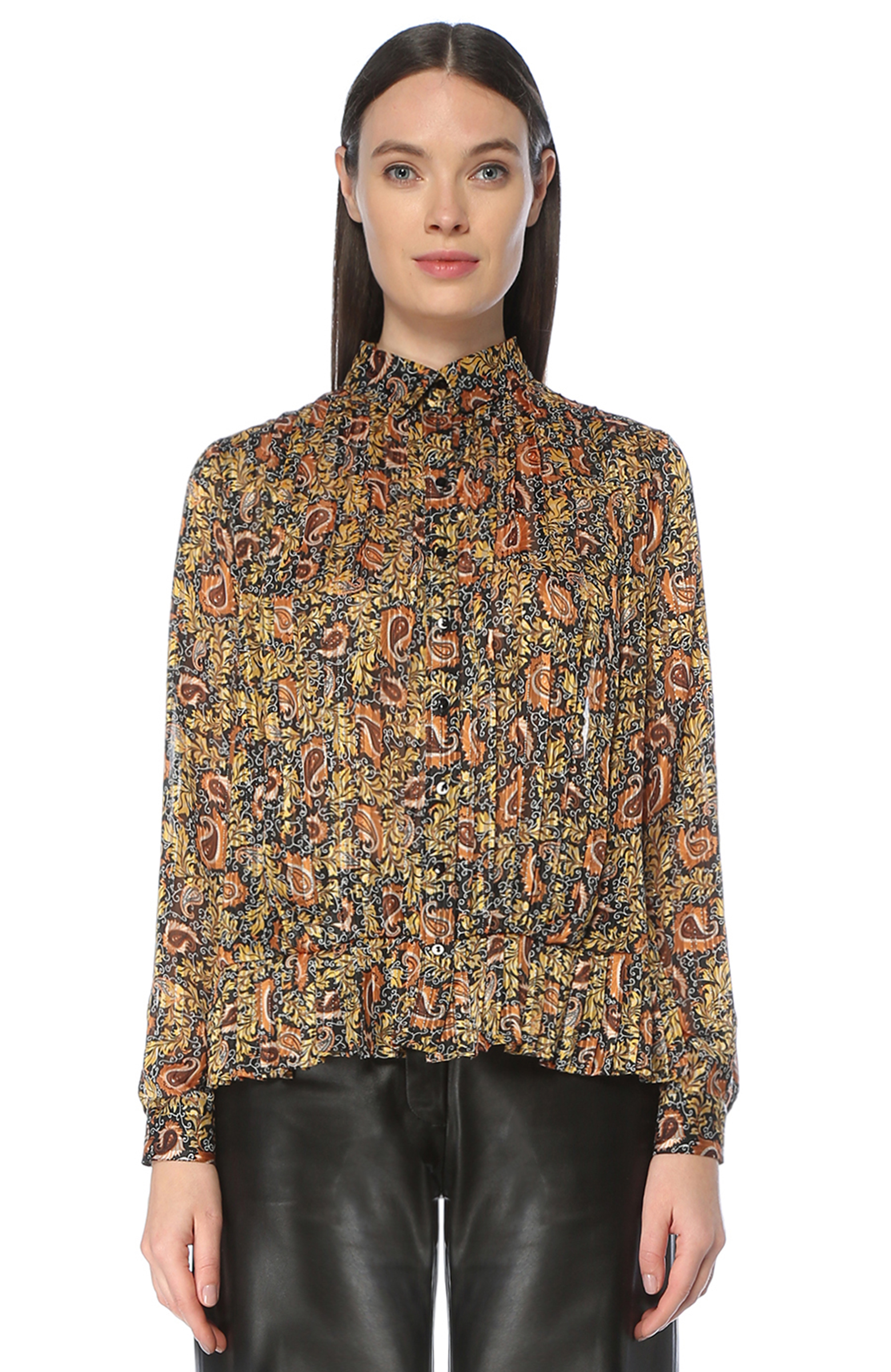 Sarı Şal Desenli Pilili Gömlek