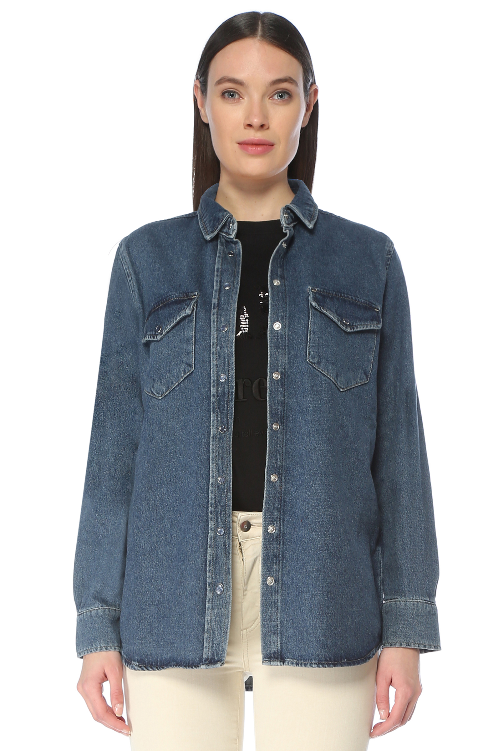 Mavi Cep Detaylı Denim Gömlek