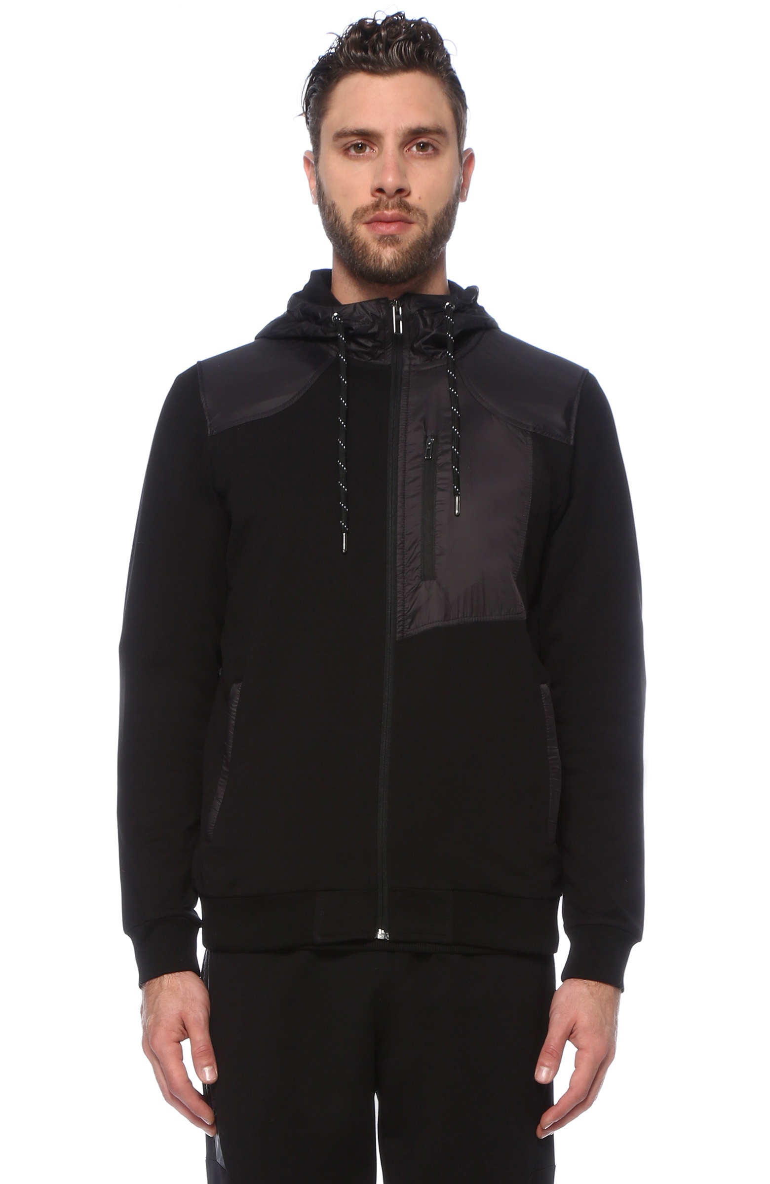 Siyah Kapüşonlu Fermuarlı Garnili Sweatshirt Siyah Kapüşonlu Fermuarlı Garnili Sweatshirt