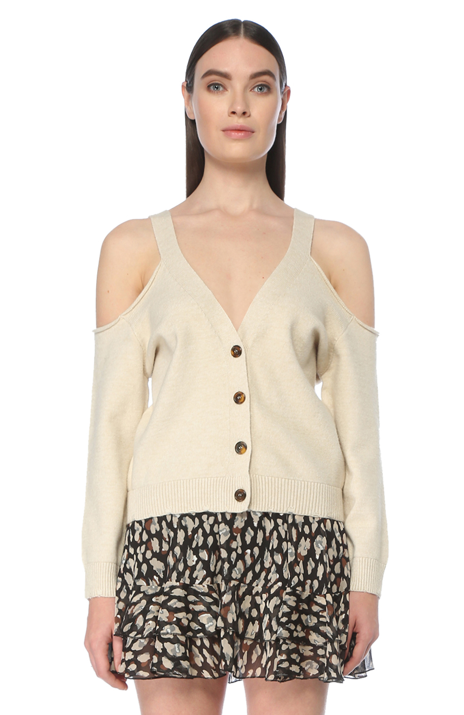 Slim Fit Bej Omuz Detaylı Hırka