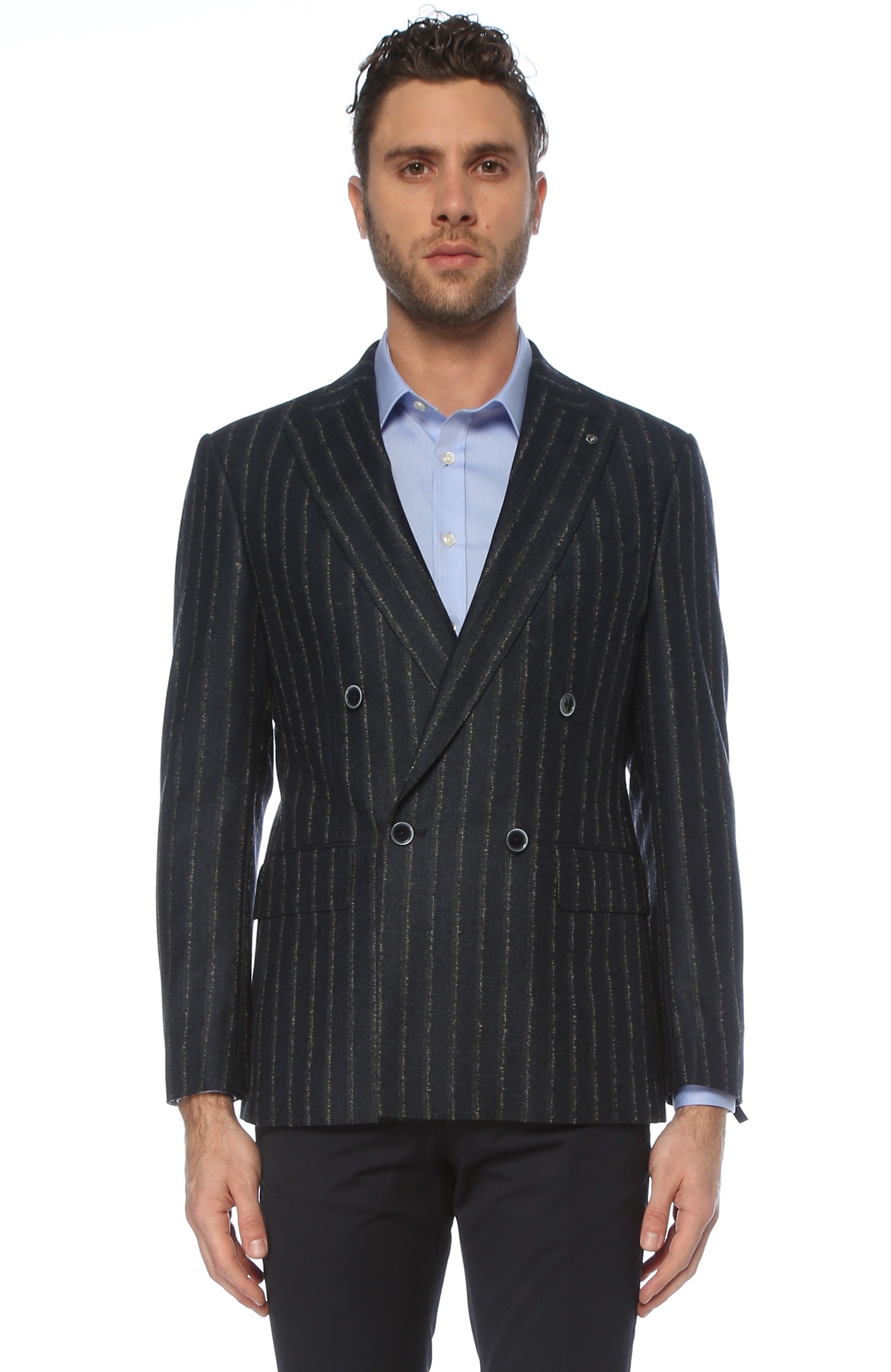 Lacivert Çizgili Kruvaze Yün Ceket Lacivert Çizgili Kruvaze Yün Ceket