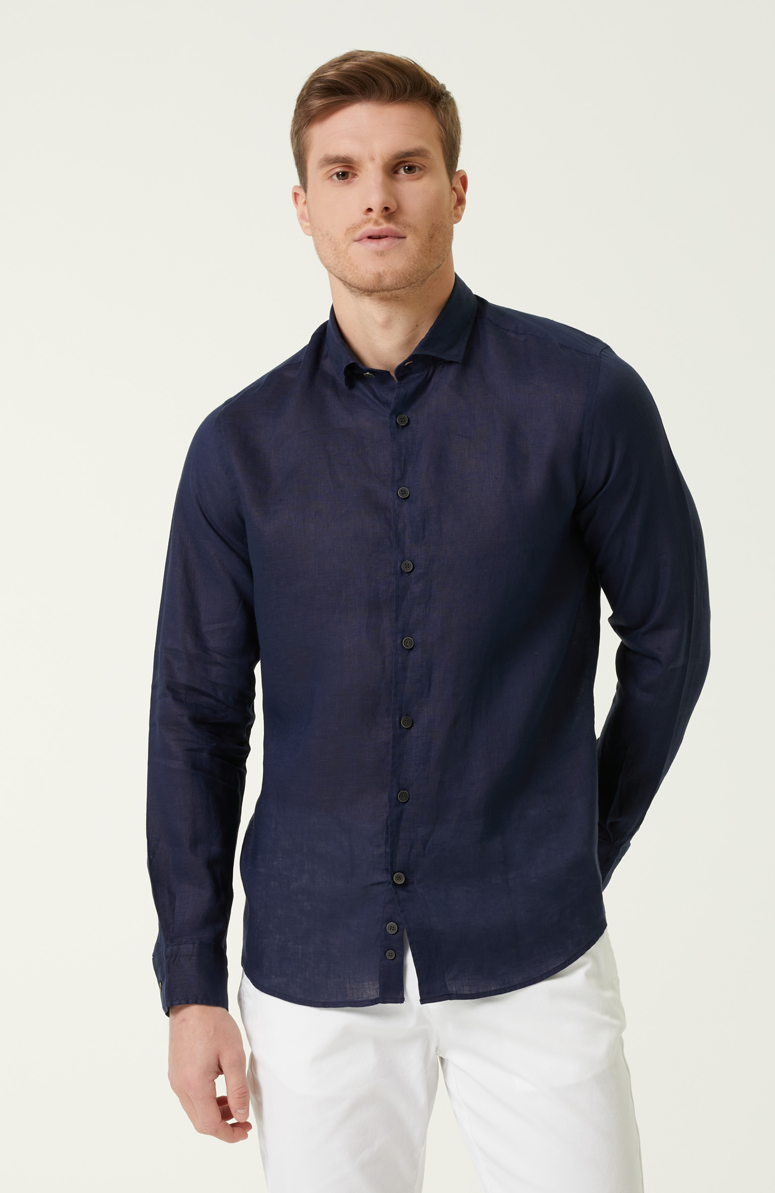 Slim Fit Lacivert İngiliz Yaka Keten Gömlek Slim Fit Lacivert İngiliz Yaka Keten Gömlek