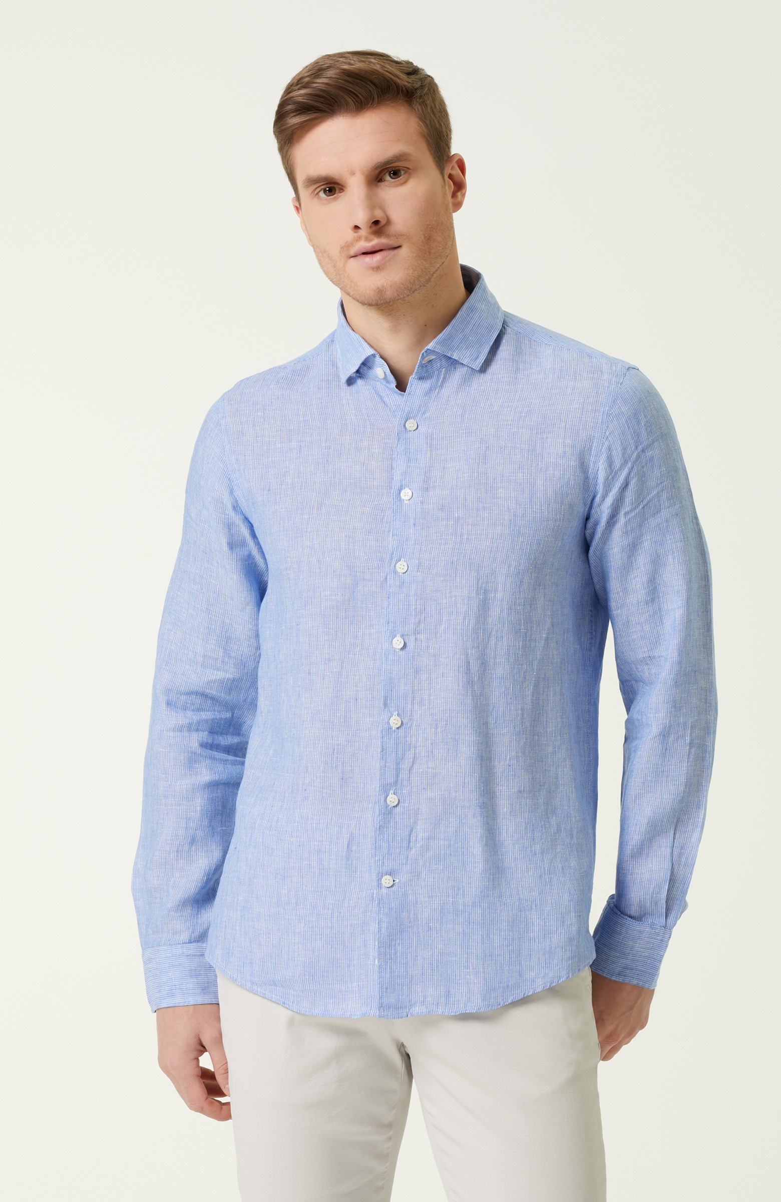 Slim Fit Mavi Yaka Keten Gömlek