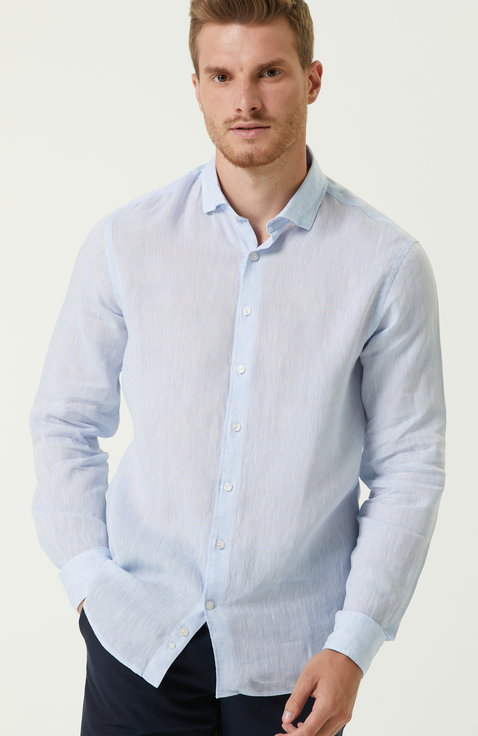 Slim Fit Mavi Keten Gömlek