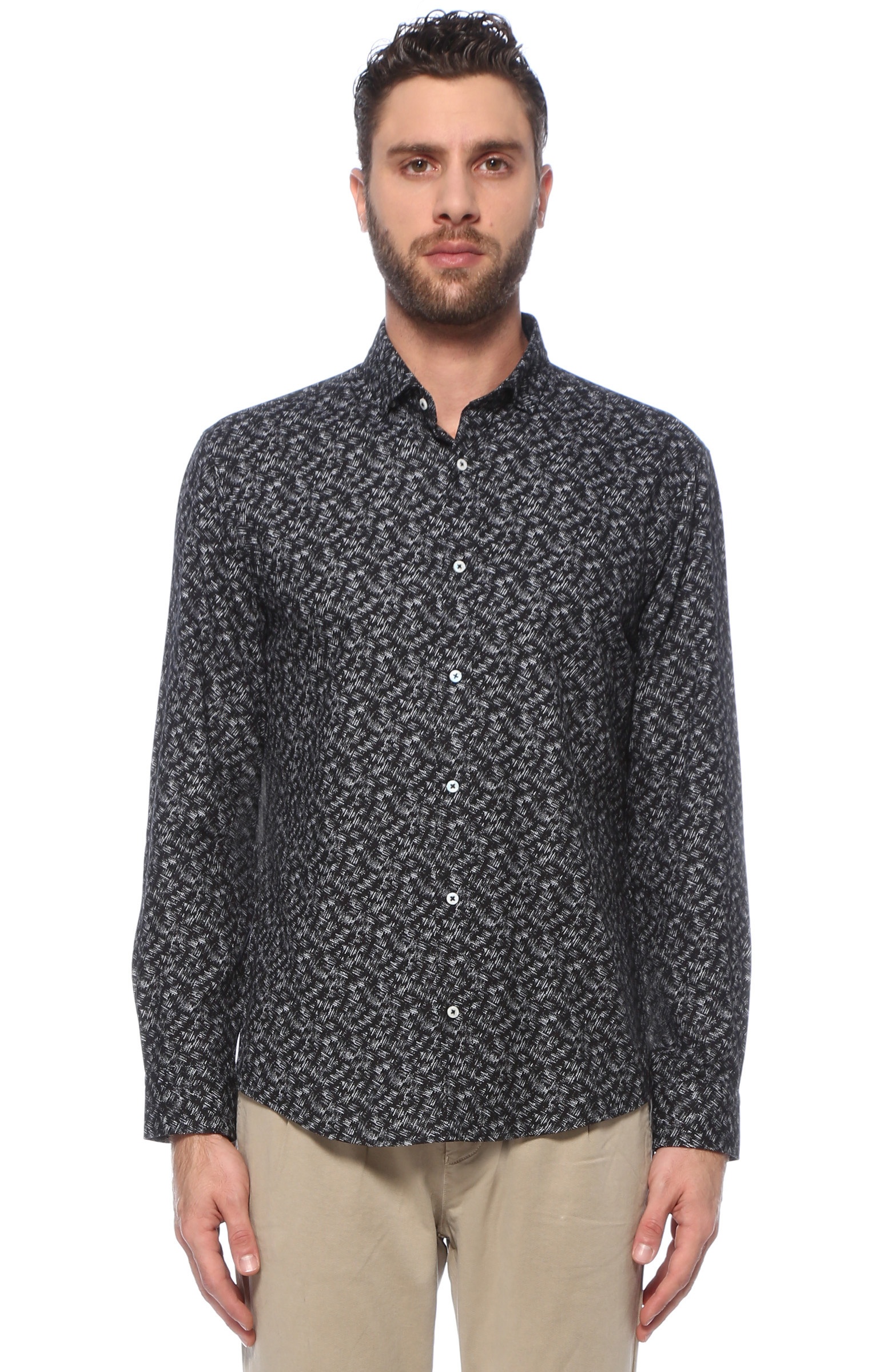 Slim Fit Siyah İtalyan Yaka Desenli Gömlek Slim Fit Siyah İtalyan Yaka Desenli Gömlek