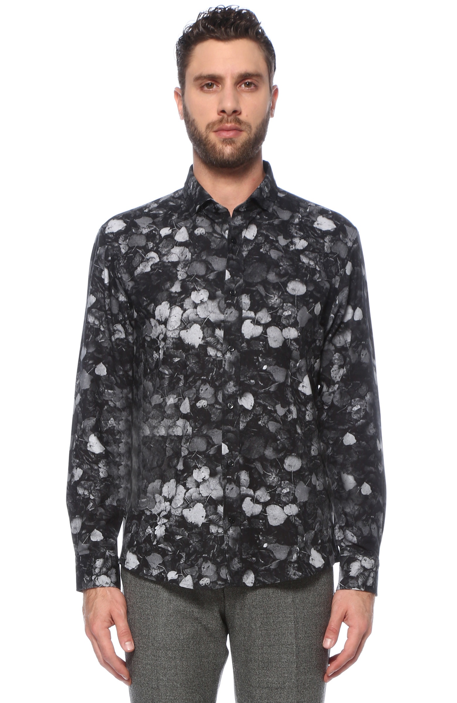 Slim Fit Siyah İtalyan Yaka Desenli Gömlek Slim Fit Siyah İtalyan Yaka Desenli Gömlek