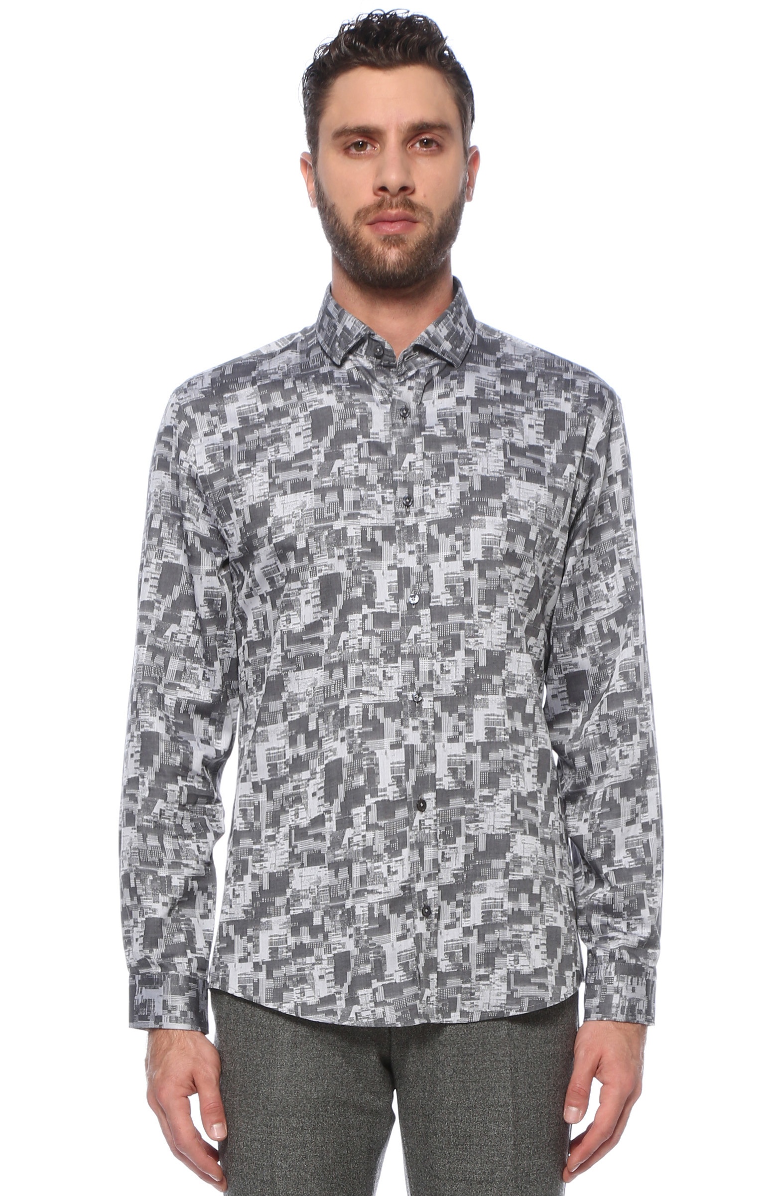 Slim Fit Gri İtalyan Yaka Jakarlı Gömlek Slim Fit Gri İtalyan Yaka Jakarlı Gömlek